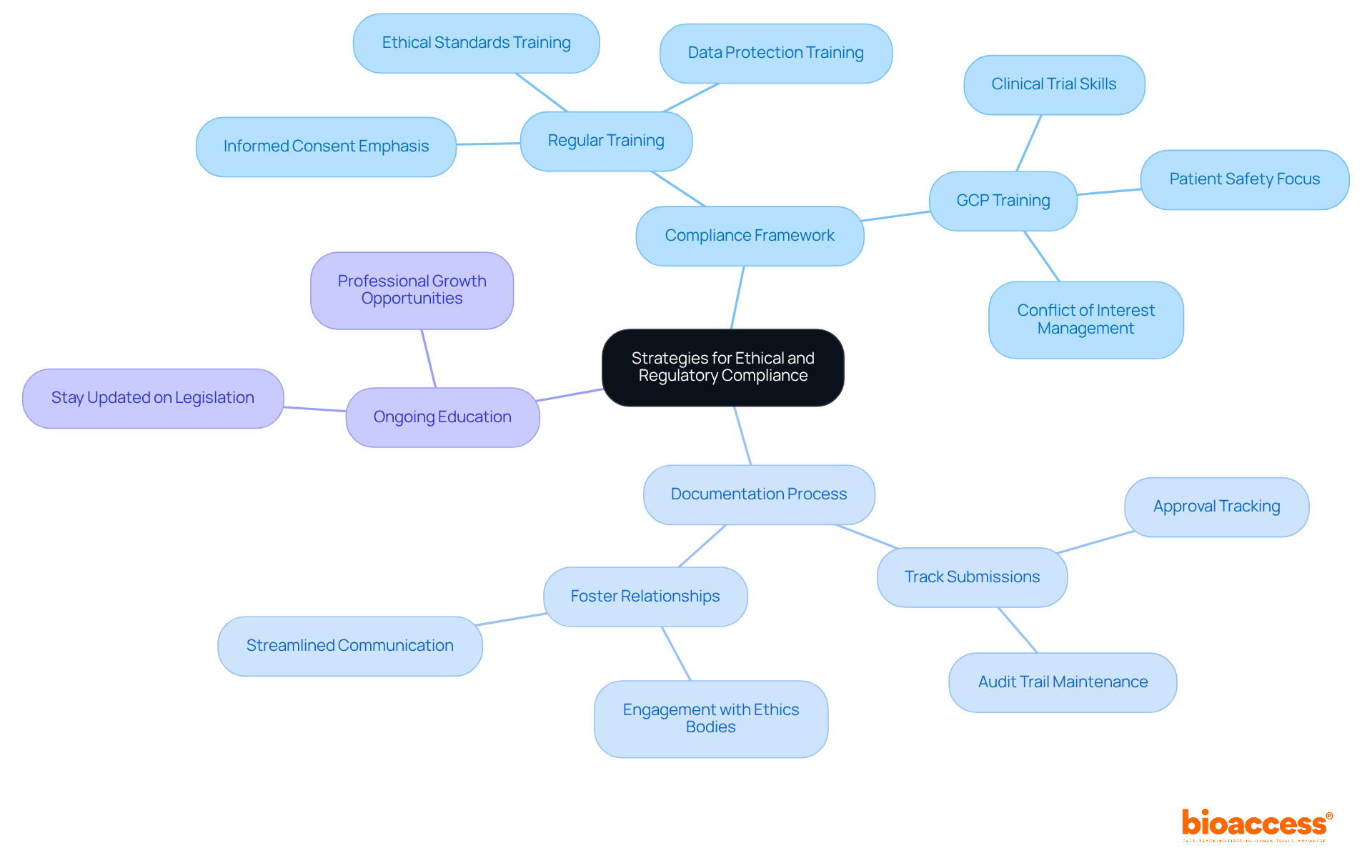 The center represents the main goal of compliance, with branches showing the key strategies and their specific actions. Each color-coded branch helps you see how different aspects contribute to achieving ethical standards.