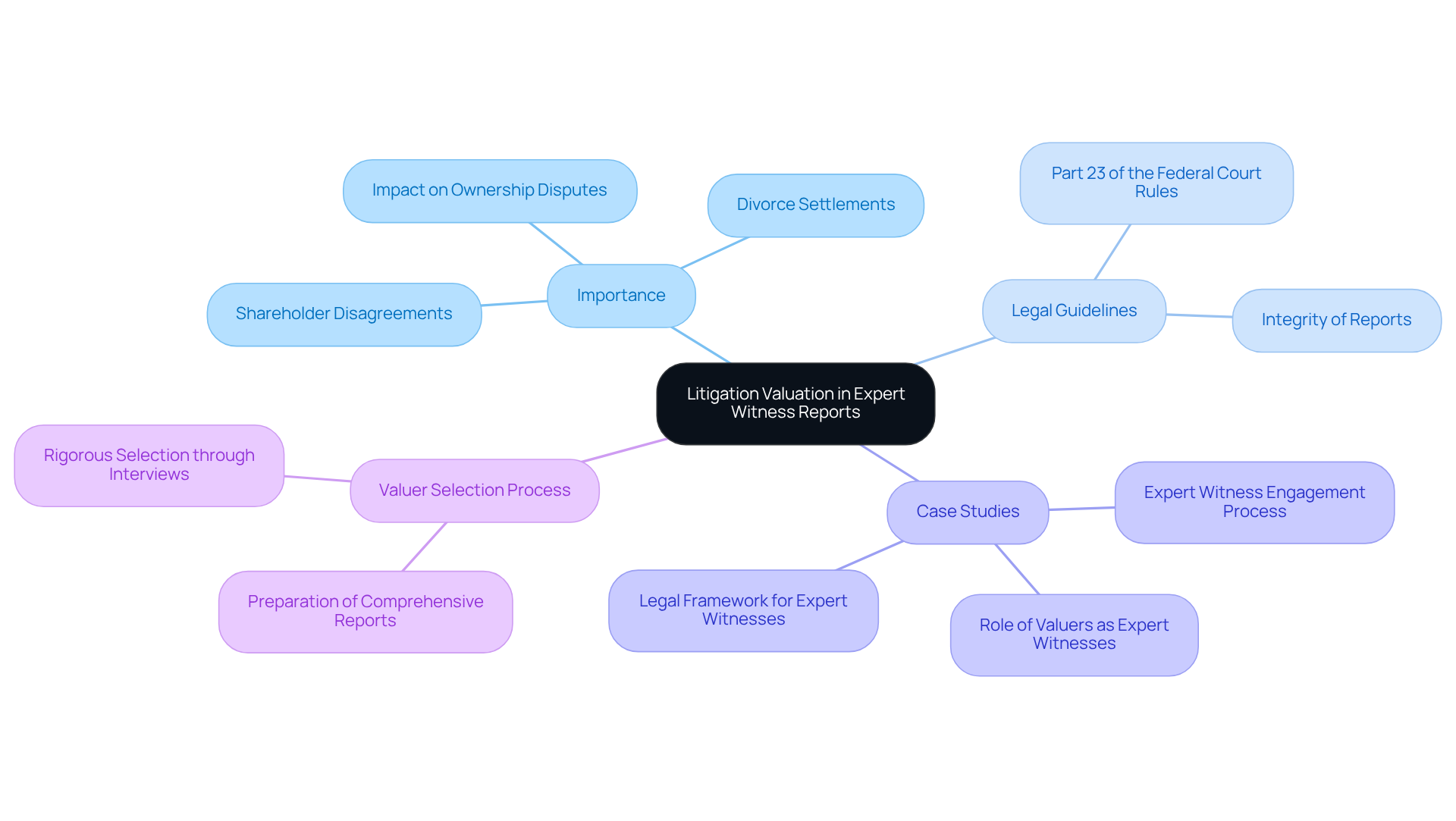 This mindmap starts with the central theme of litigation valuation and branches out into its key components. Each branch represents a different aspect of the topic, helping you see how they connect and why they matter in legal contexts.