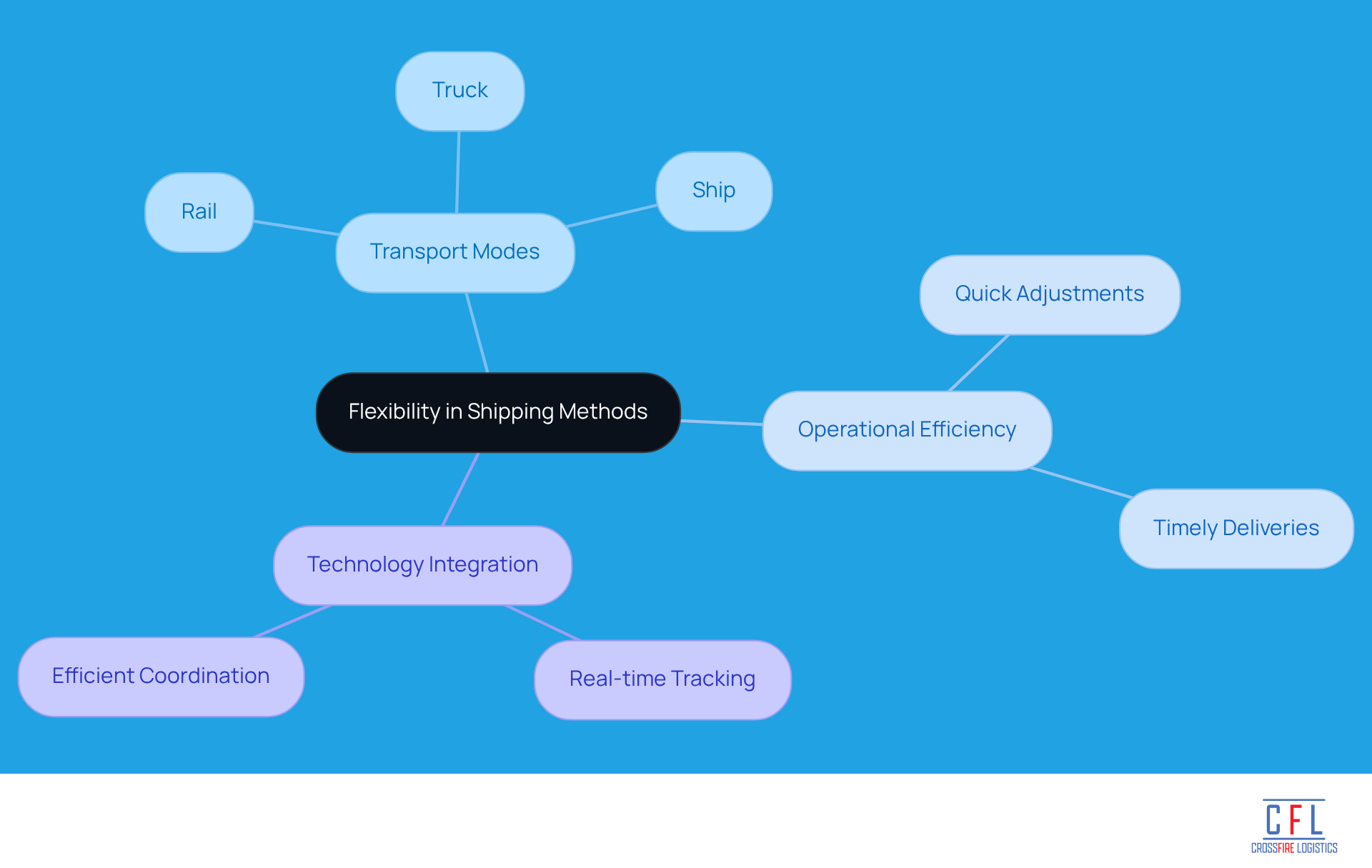 The central node represents the main idea of flexibility in shipping, while the branches show how this concept connects to different aspects like transport modes and operational efficiency. Each sub-branch provides more detail on these topics.