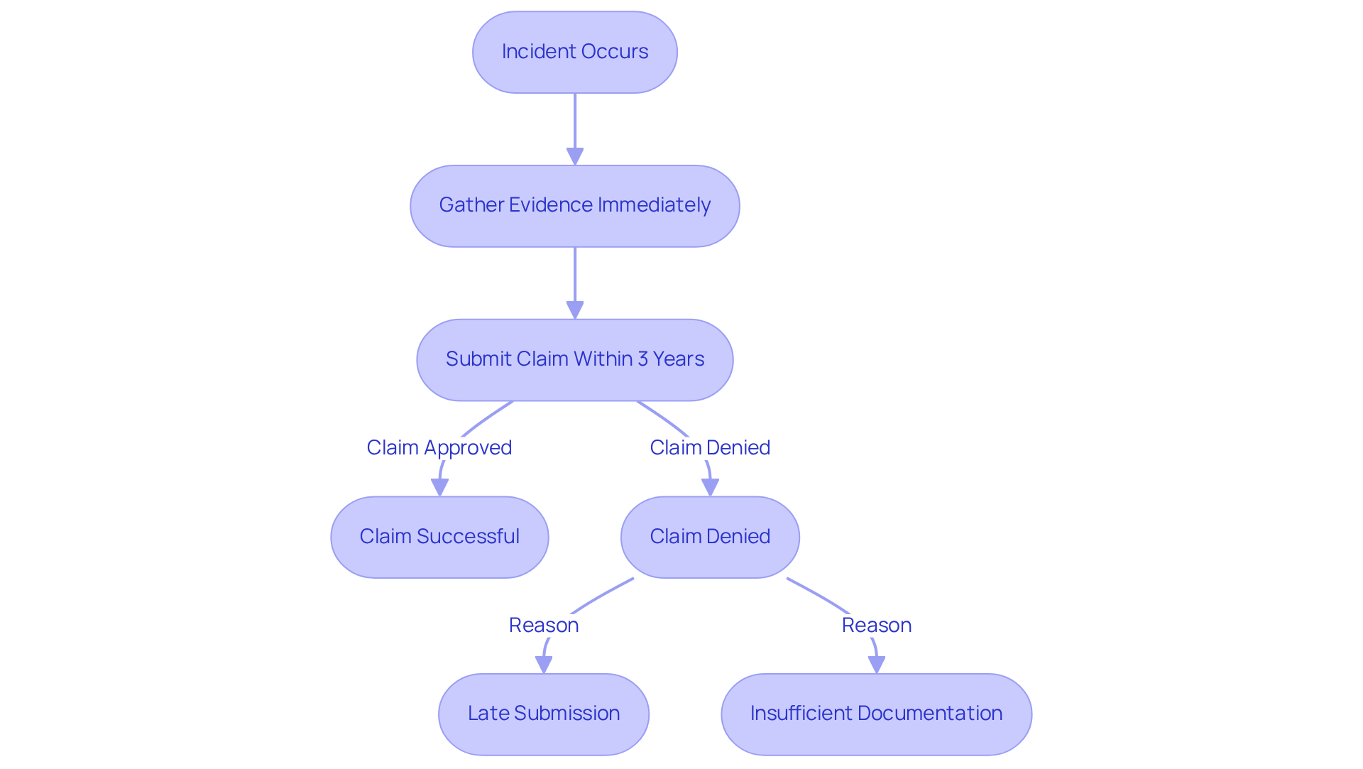 Follow the path starting from the incident to see the necessary steps to take. Each box represents a stage in the claim process, and the branches show the possible outcomes based on your actions.