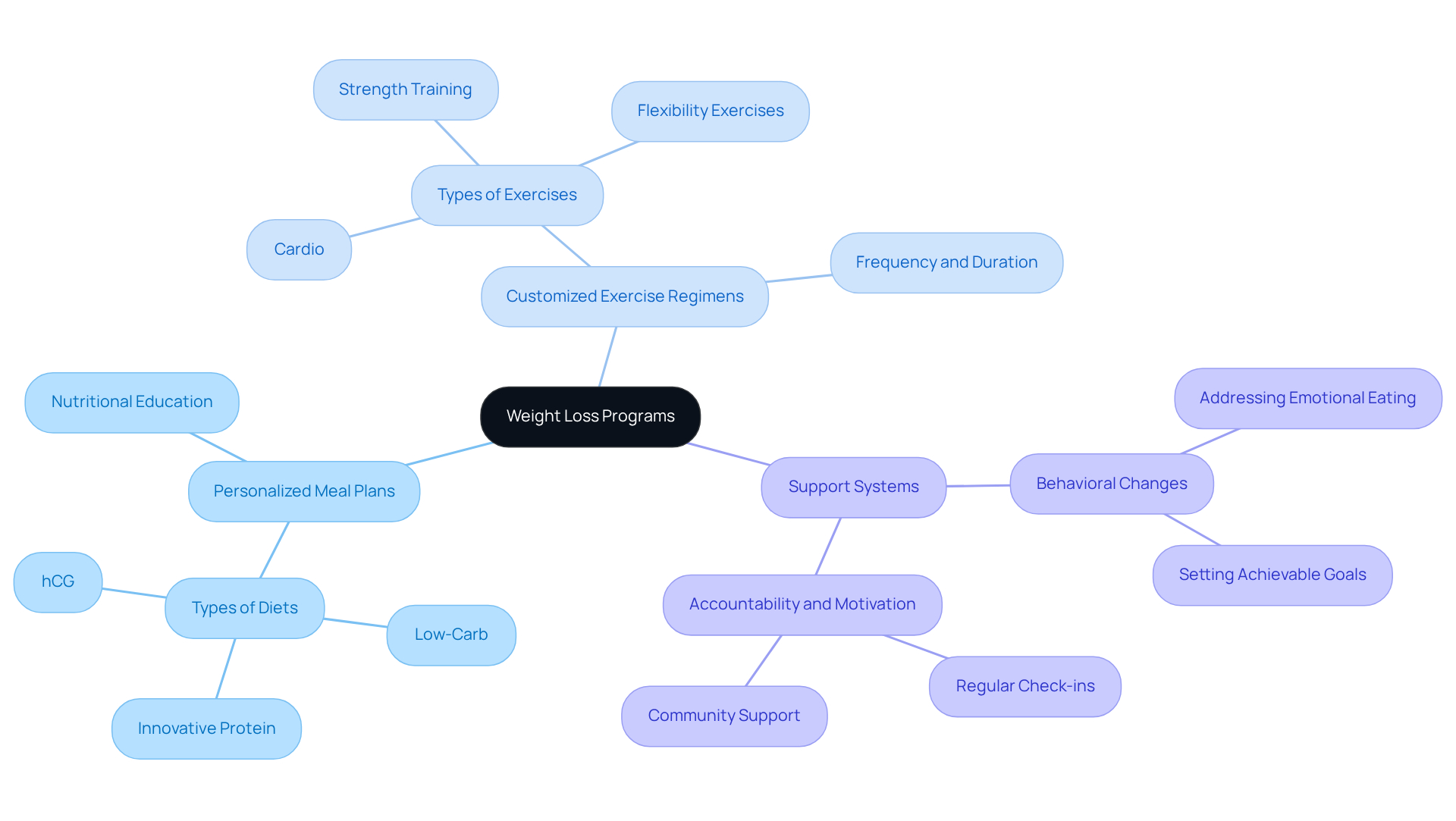 The center represents the overall theme of weight loss programs, with branches showing the main components and their specific details. Each color-coded branch helps you understand how different elements contribute to a successful weight loss journey.