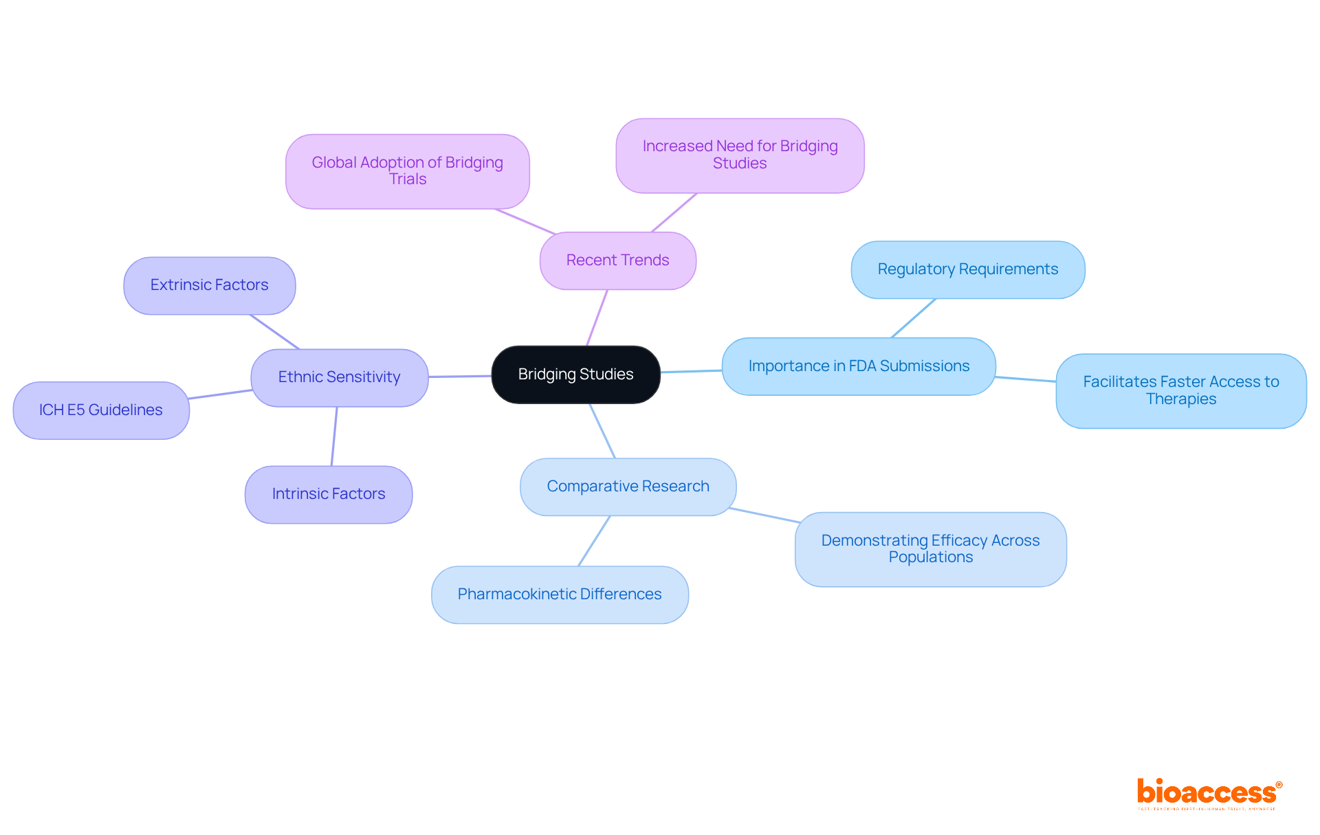 Start at the center with 'Bridging Studies', then explore how they relate to FDA submissions and why they matter. Each branch leads to important aspects, helping you see the bigger picture of how these studies contribute to drug safety and effectiveness.