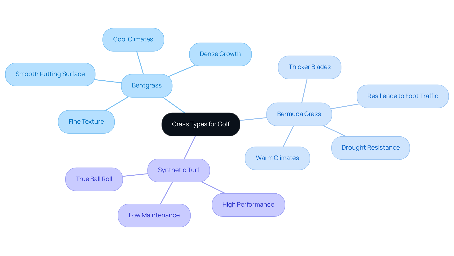 The central node represents the main topic of grass types for golf. Each branch shows a different type of grass, with sub-branches detailing their specific characteristics. This layout helps you see at a glance how each type compares and what options are available.