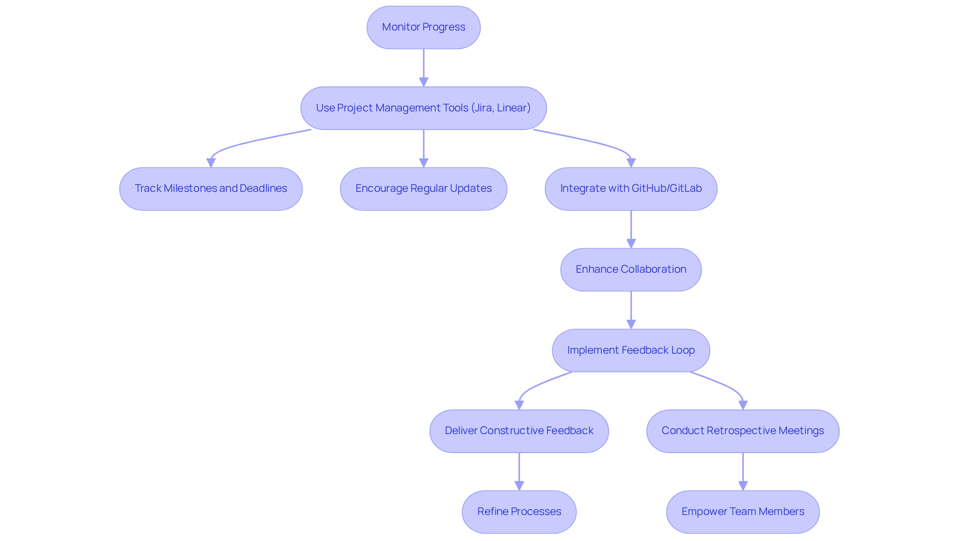 Follow the arrows to see how each step connects in the process of monitoring progress and providing feedback. Each box represents a key action that contributes to continuous improvement in software development.