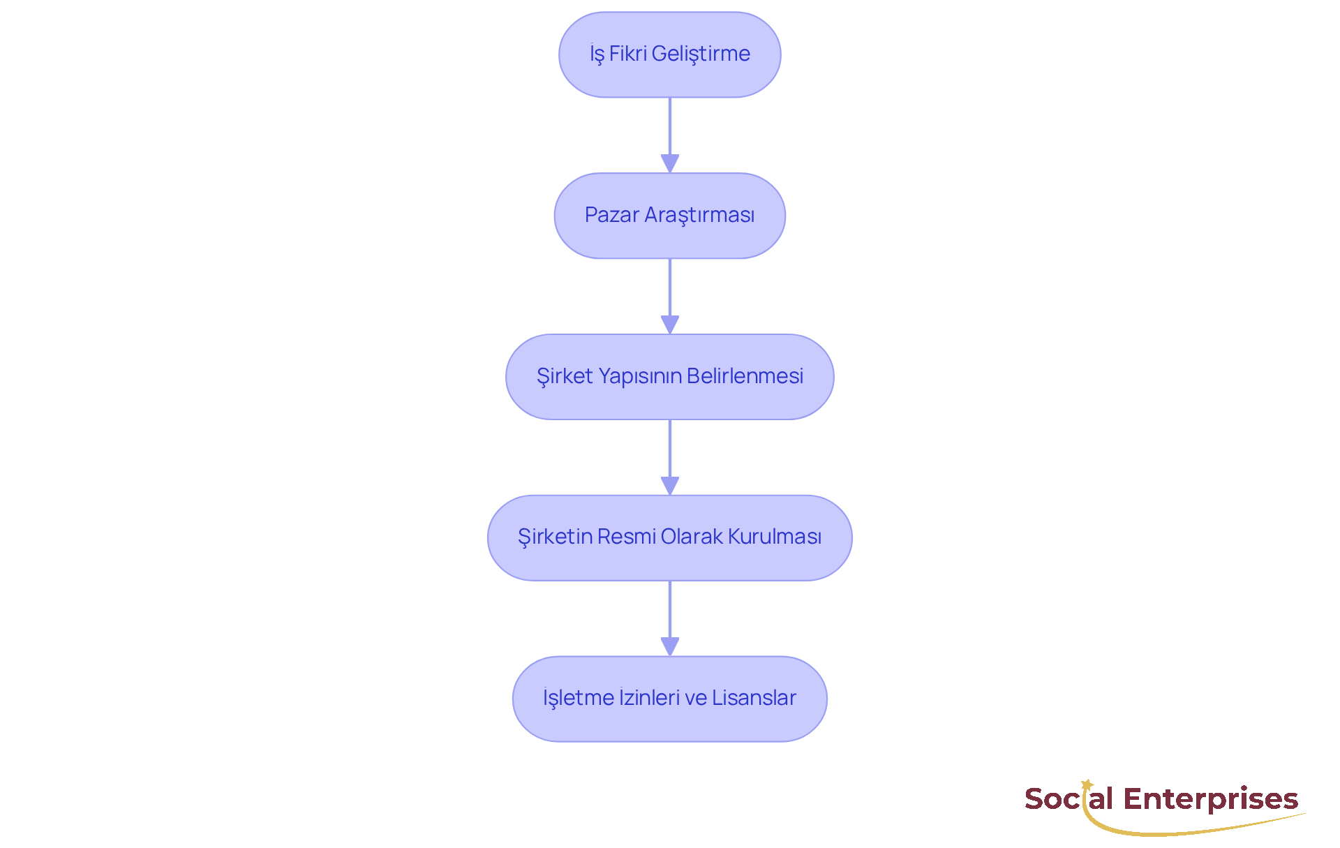 Her kutu, şirket kurma sürecindeki bir aşamayı temsil ediyor. Oklar, her adımın bir sonrakine nasıl geçiş yaptığını gösteriyor.
