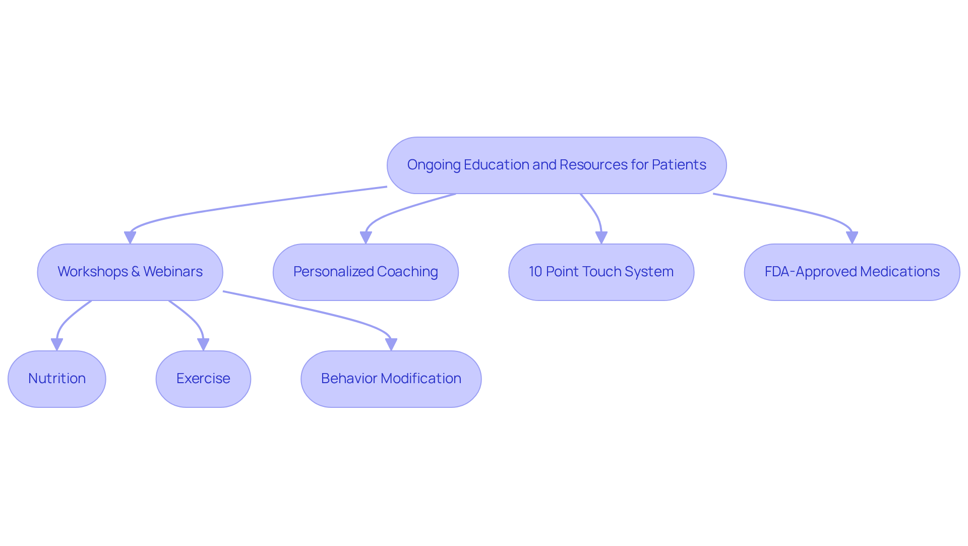 This flowchart illustrates the various resources and educational programs available to support patients in their weight loss journey. Each box represents a key component of the program, and the arrows show how they connect to the overall goal of helping patients achieve their weight loss objectives.