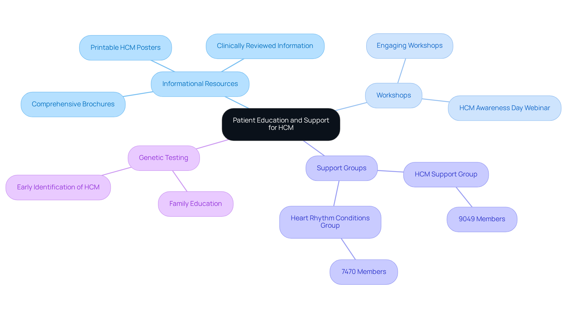 The central node represents the main goal of patient education and support, with branches detailing various resources available. Each branch connects to specific offerings, showing how they collectively contribute to improved understanding and management of HCM.