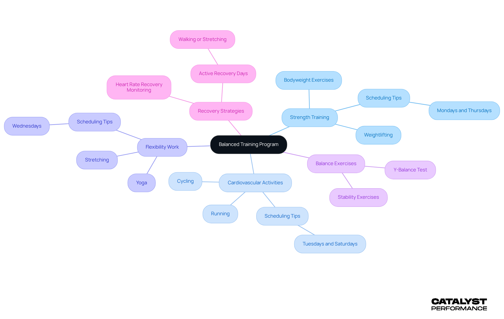 The center represents the overall training program, while the branches show different types of exercises and how to schedule them. Each color-coded branch helps you quickly identify the focus areas of your fitness journey.