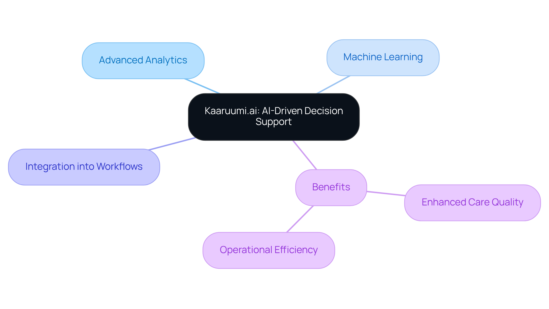 The center represents Kaaruumi.ai's main focus, with branches showing how their AI systems work and the benefits they provide. Each color-coded branch helps you see the different aspects of their approach.