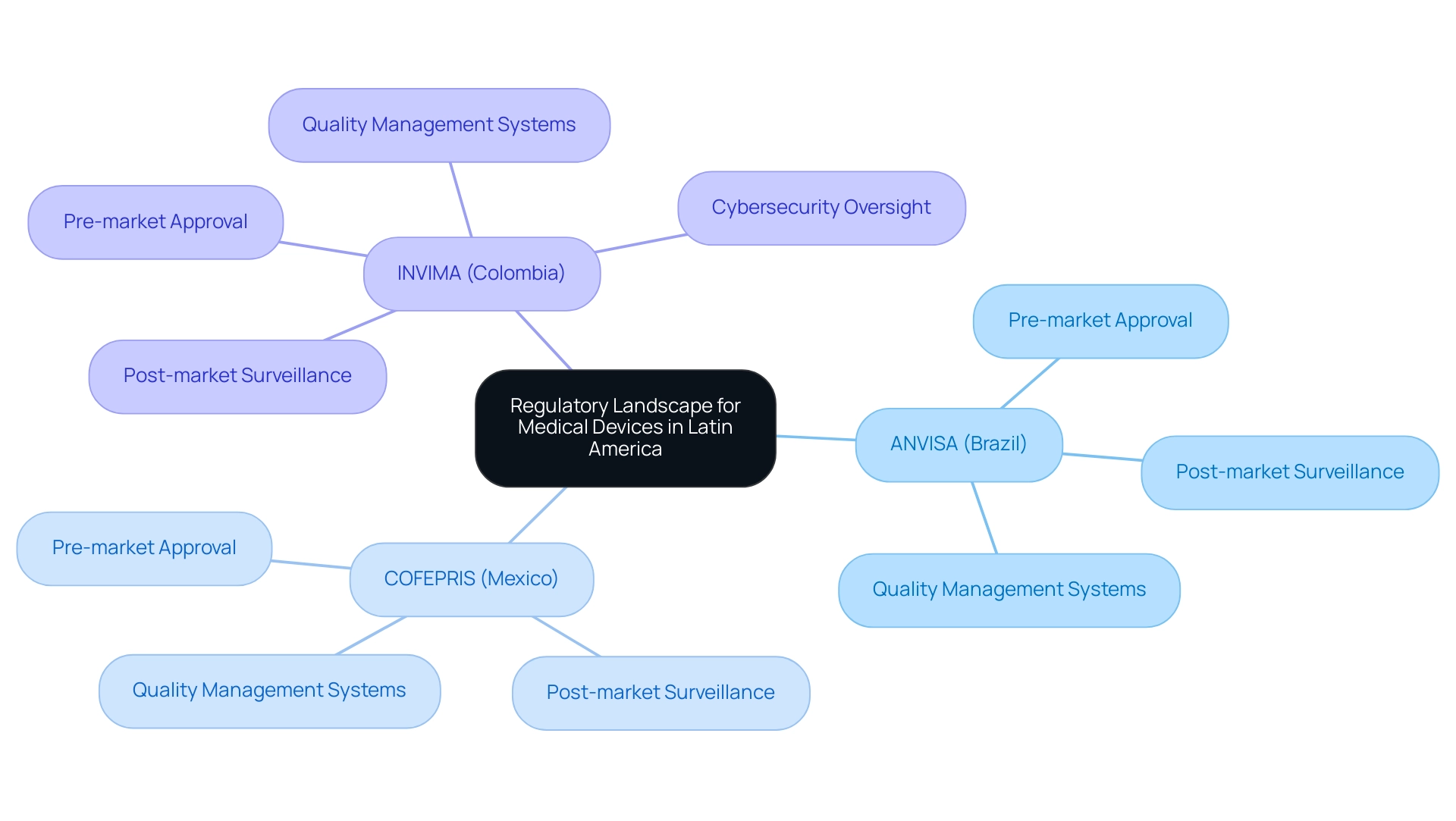 Each branch represents a regulatory authority, with sub-branches indicating specific compliance requirements.