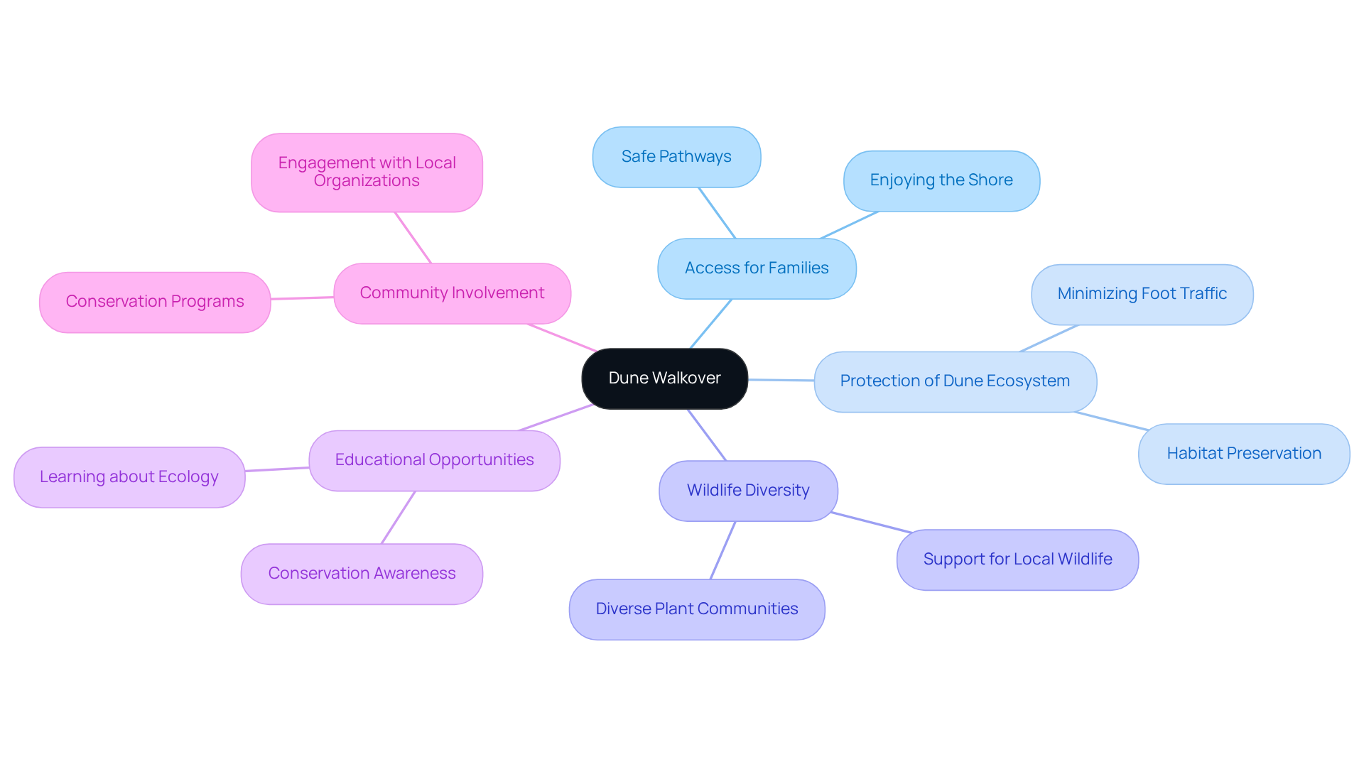 The central node represents the Dune Walkover, while the branches illustrate its various benefits and connections to wildlife and conservation. Each color-coded branch helps you see how different aspects relate to the main theme.