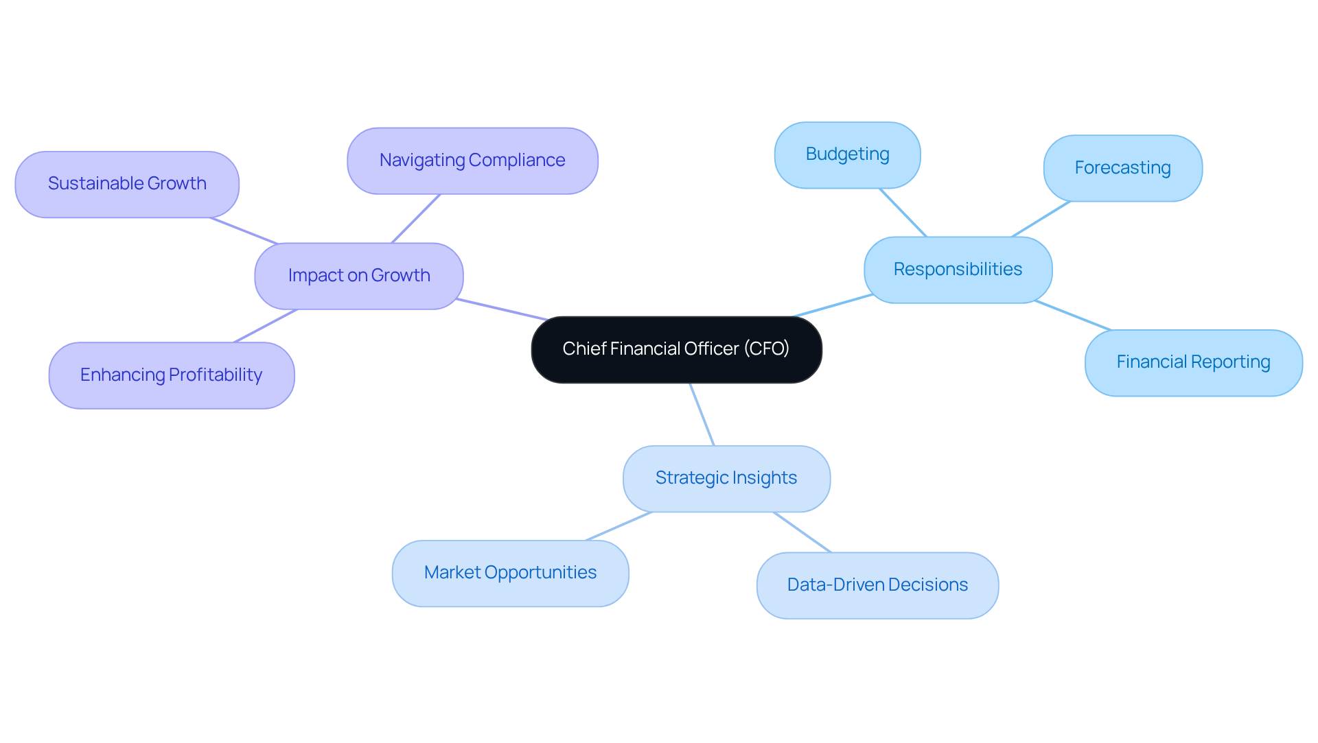 The central node represents the CFO, while the branches show their key responsibilities and strategic impacts. Follow the branches to understand how the CFO contributes to the financial health and growth of the company. The central node represents the CFO, while the branches show their key responsibilities and strategic impacts. Follow the branches to understand how the CFO contributes to the financial health and growth of the company.