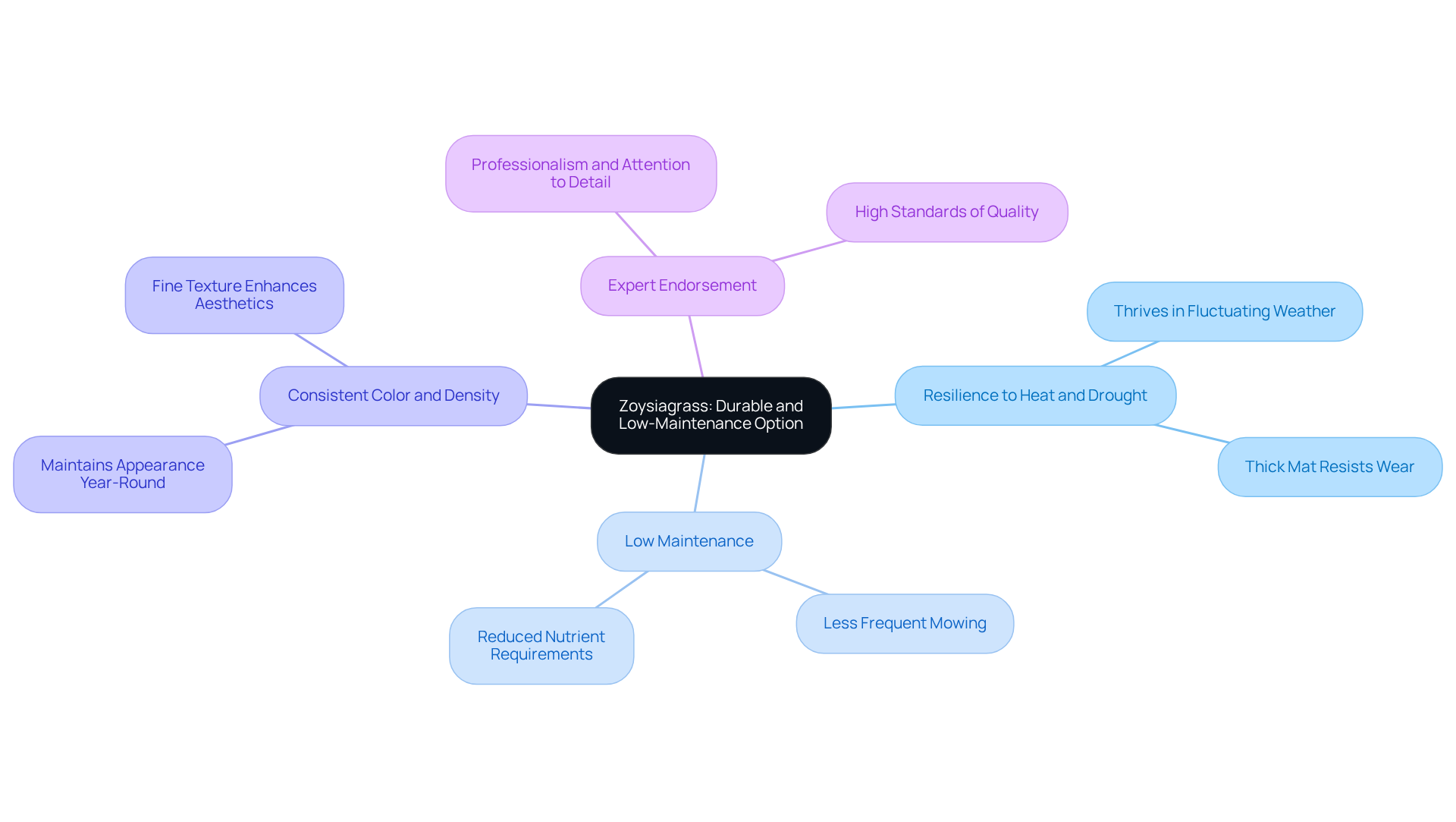 This mindmap starts with Zoysiagrass at the center, branching out to show its main benefits and features. Each branch represents a key aspect, making it easy to see how Zoysiagrass can enhance your lawn with minimal effort. This mindmap starts with Zoysiagrass at the center, branching out to show its main benefits and features. Each branch represents a key aspect, making it easy to see how Zoysiagrass can enhance your lawn with minimal effort.