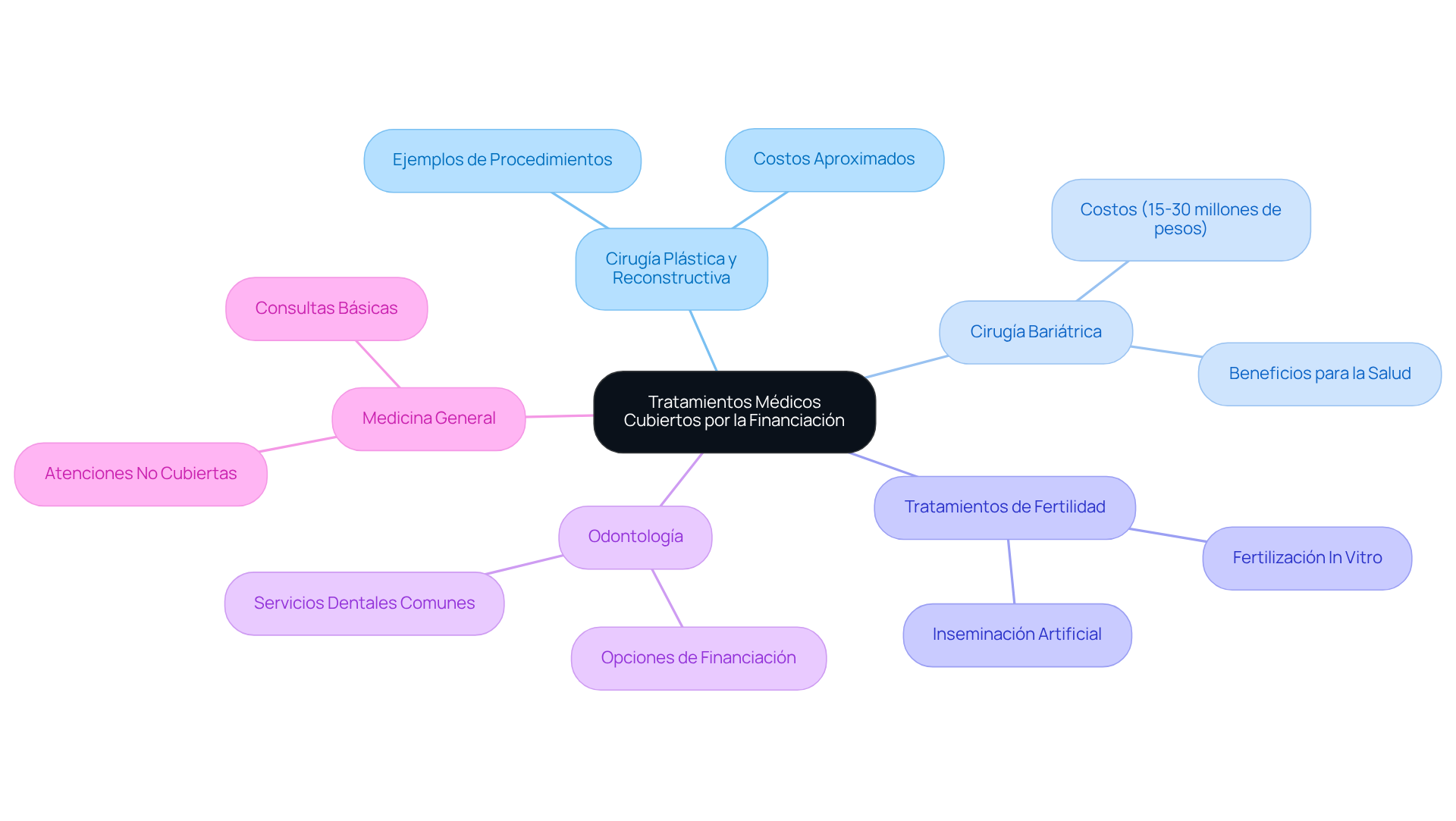 El nodo central muestra el tema general, mientras que las ramas representan diferentes categorías de tratamientos. Cada subrama proporciona detalles adicionales, ayudando a los lectores a visualizar la variedad de opciones de financiación disponibles.