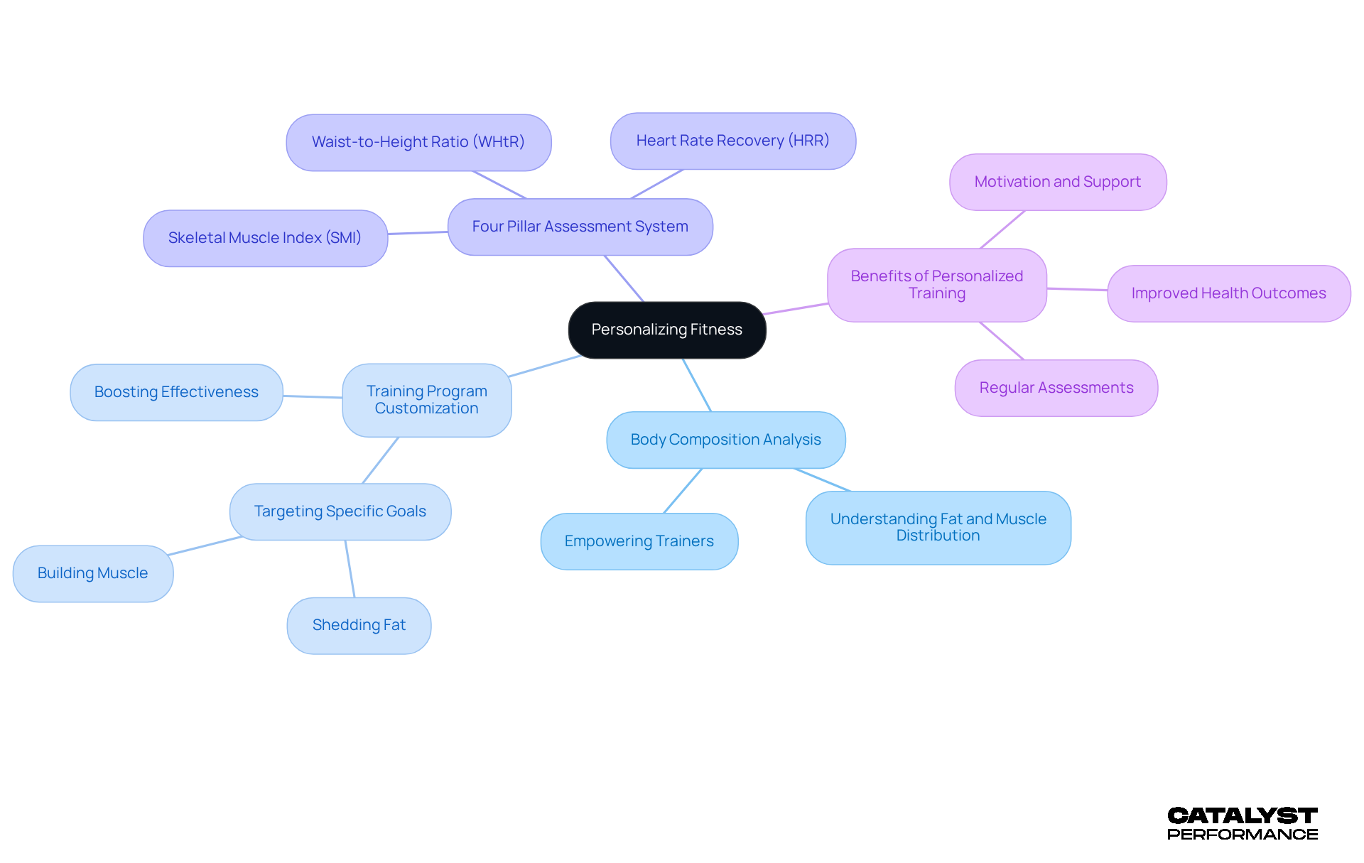 The center represents the main idea of personalizing fitness. Each branch shows different aspects of how body composition analysis influences training, with specific metrics highlighted for clarity.