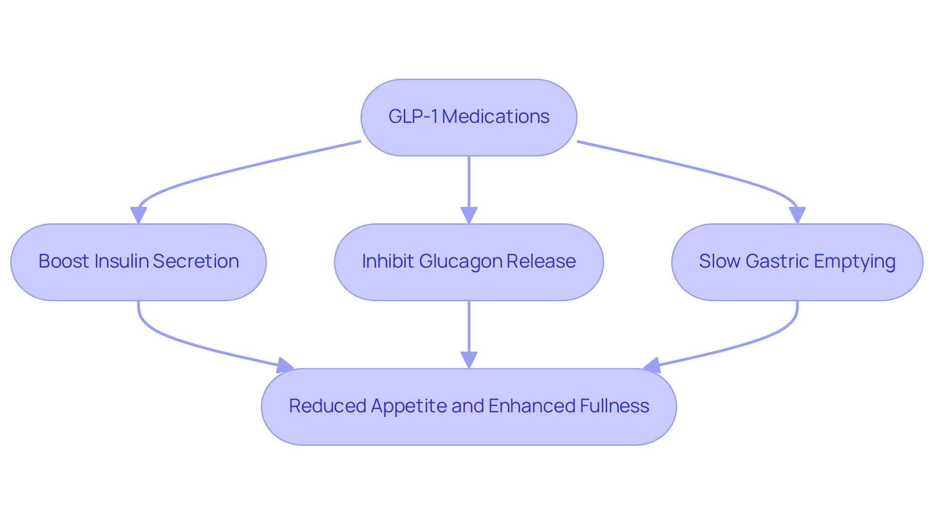 Follow the arrows to see how GLP-1 medications work: they start with the medication, then lead to three key actions in the body, which together help reduce appetite and increase feelings of fullness.