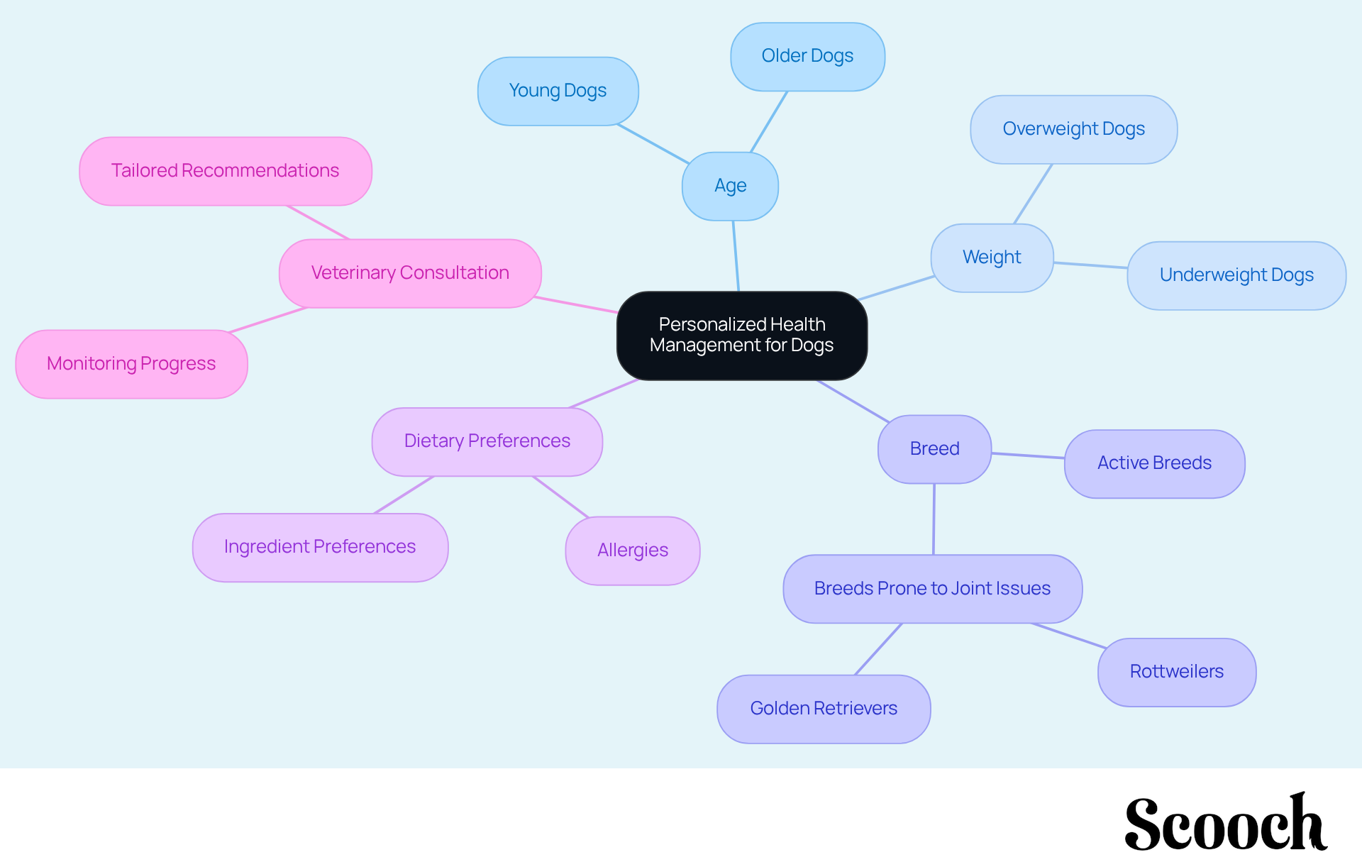 This mindmap illustrates how different factors influence the choice of joint supplements for dogs. Start at the center with personalized health management, and follow the branches to see specific considerations that pet owners should keep in mind. This mindmap illustrates how different factors influence the choice of joint supplements for dogs. Start at the center with personalized health management, and follow the branches to see specific considerations that pet owners should keep in mind.