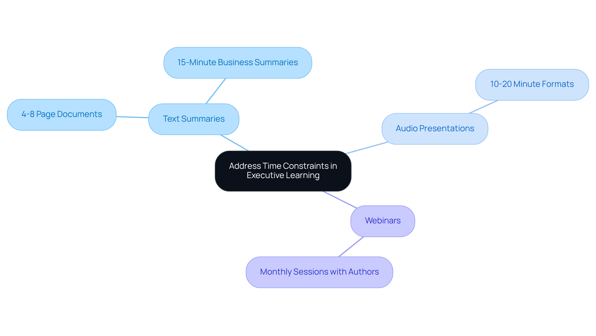 The center represents the main challenge of time constraints, while the branches show different solutions available to executives. Each color-coded branch highlights a specific method to enhance learning efficiency.