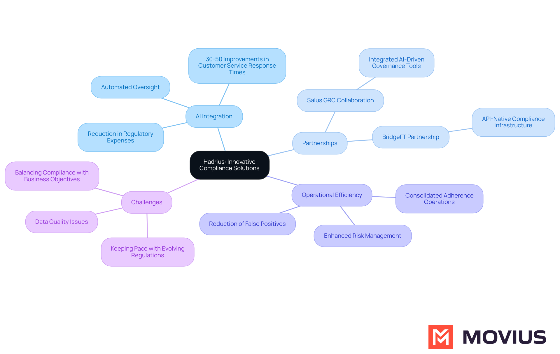 The center represents Hadrius and its innovative solutions. Each branch shows a different aspect of the platform, helping you understand how they connect and contribute to enhancing compliance in the financial sector.