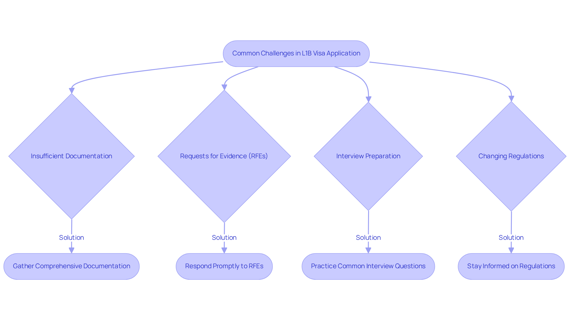 Each box represents a challenge you may face during the L1B visa process. Follow the arrows to see the recommended solutions for each challenge, helping you tackle them effectively.