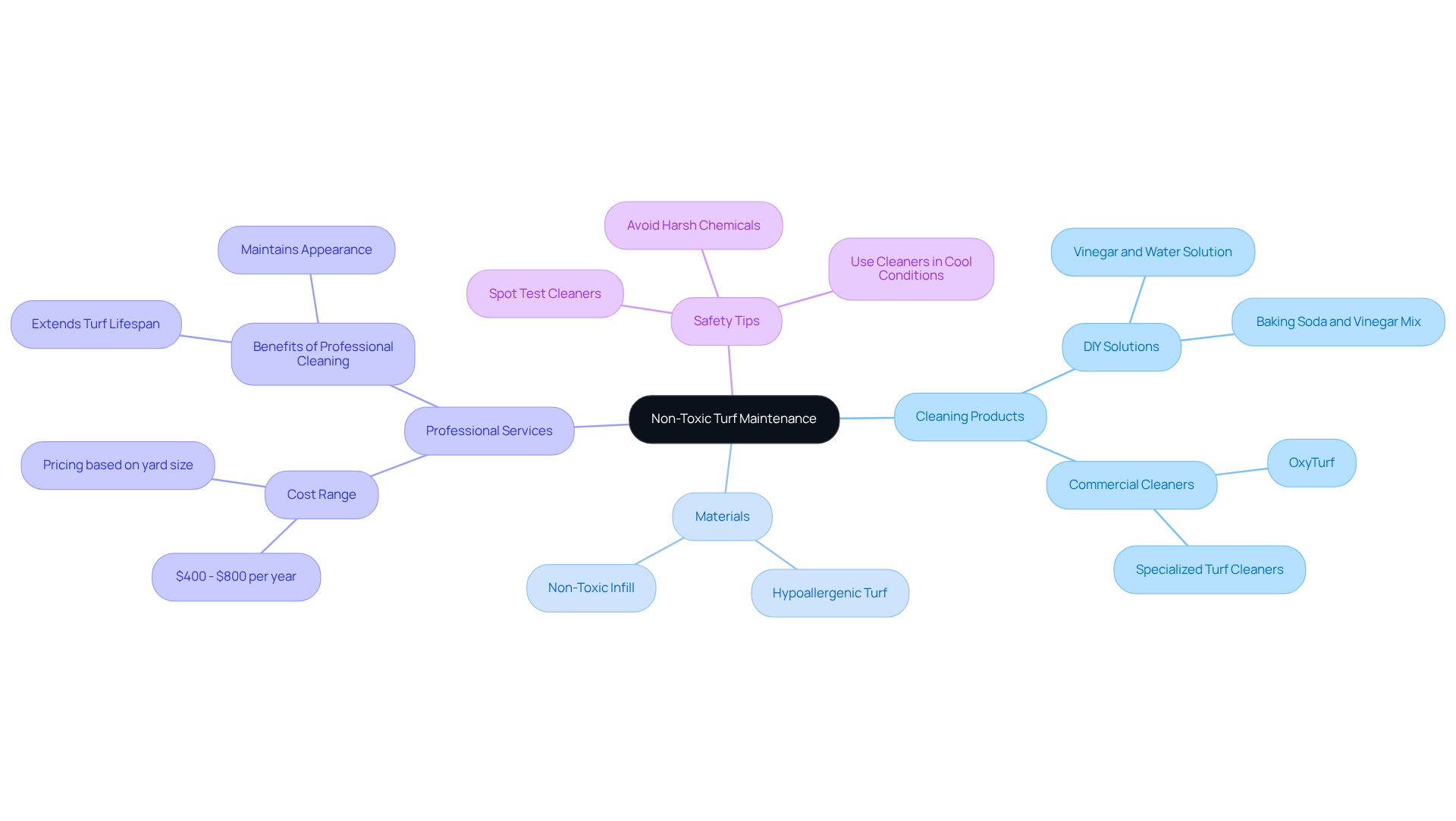 This mindmap starts with the main idea of maintaining turf safely. Each branch represents a different aspect of turf care, showing how cleaning products, materials, and services contribute to a safe environment for pets.