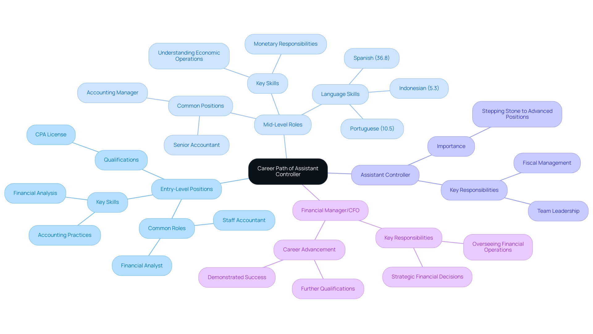 The central node represents the overall career path, with branches showing different stages and their associated skills or qualifications.