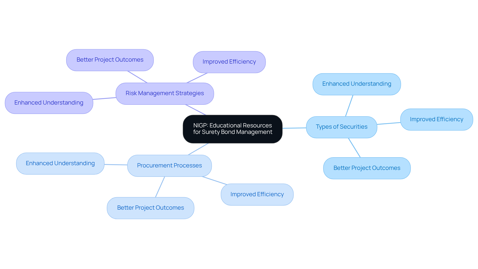 The central node represents NIGP's focus on education, while the branches show the critical areas of learning and their benefits. Follow the branches to see how each area contributes to better management of guarantees.