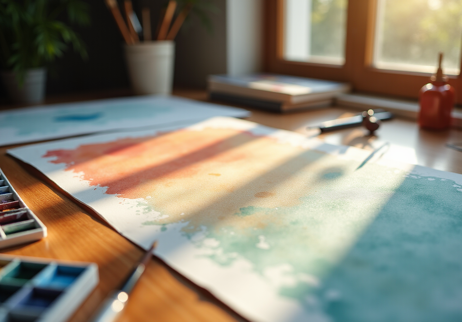 Artistic Workspace with Watercolor Papers Artistic Workspace with Watercolor Papers