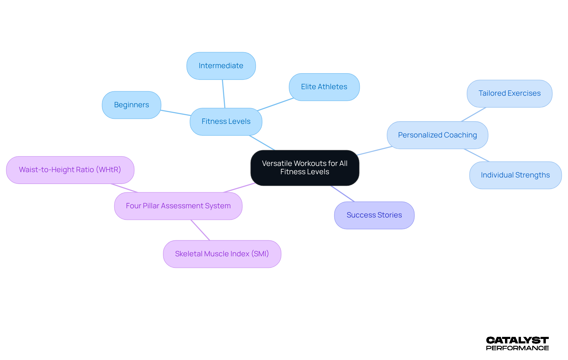 This mindmap shows how versatile workouts cater to everyone, from beginners to elite athletes. Each branch represents a key aspect of the program, helping you see how personalized coaching and assessments contribute to individual fitness journeys.
