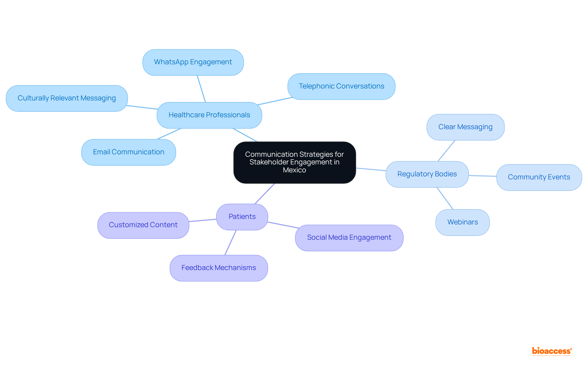 The central node shows the main focus of the mindmap, while branches represent different stakeholder groups and their tailored communication strategies.