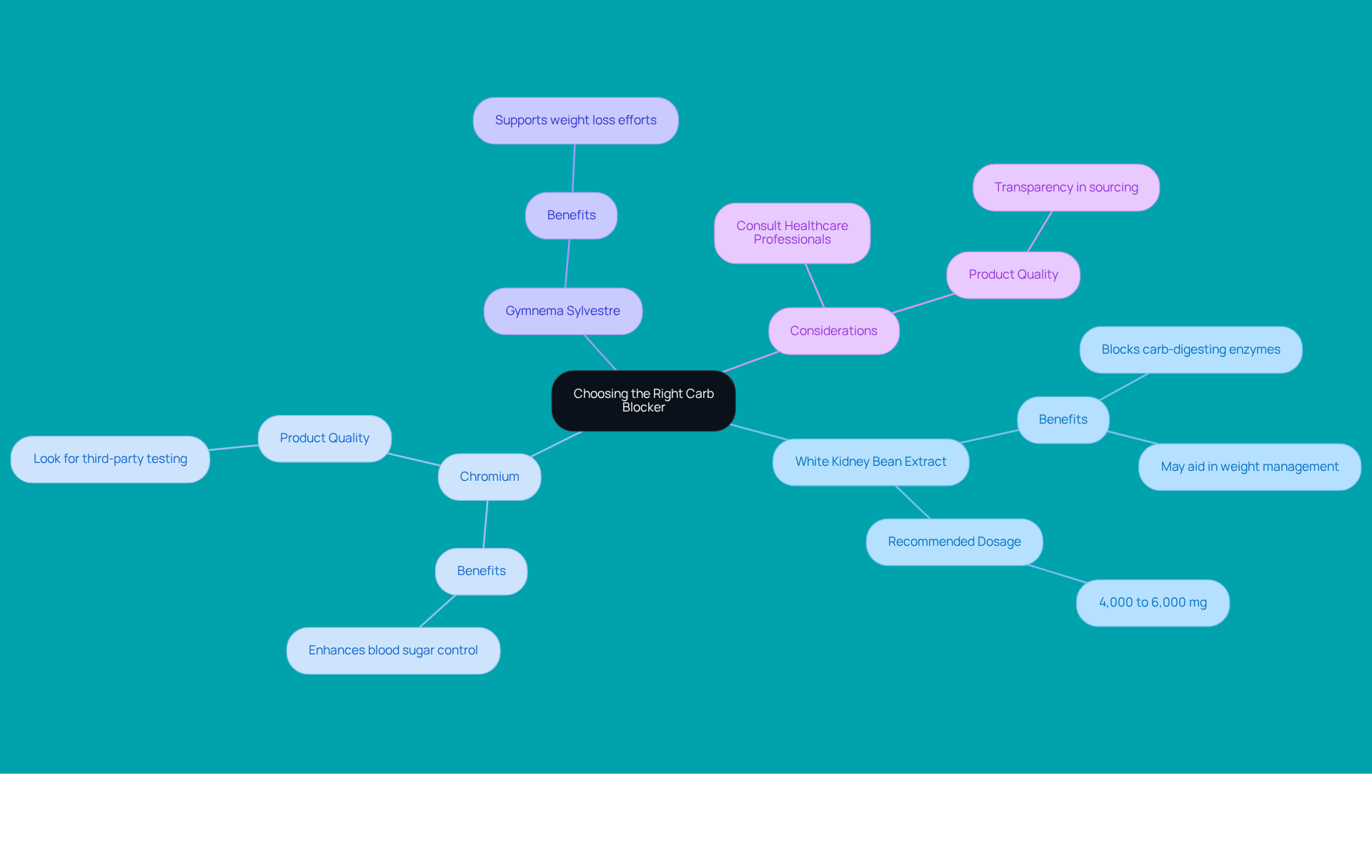 The center shows the main topic of carb blockers, with branches leading to important ingredients and considerations. Each ingredient has its benefits listed, helping you understand how they contribute to managing carbohydrate intake.