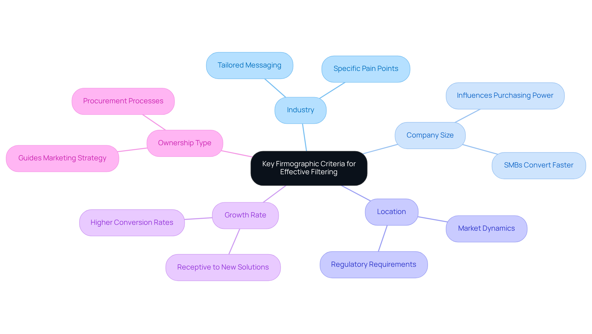 The central node represents the main focus of the filtering strategy, while each branch highlights a specific criterion. Sub-branches provide additional insights into how each criterion can enhance sales efforts.