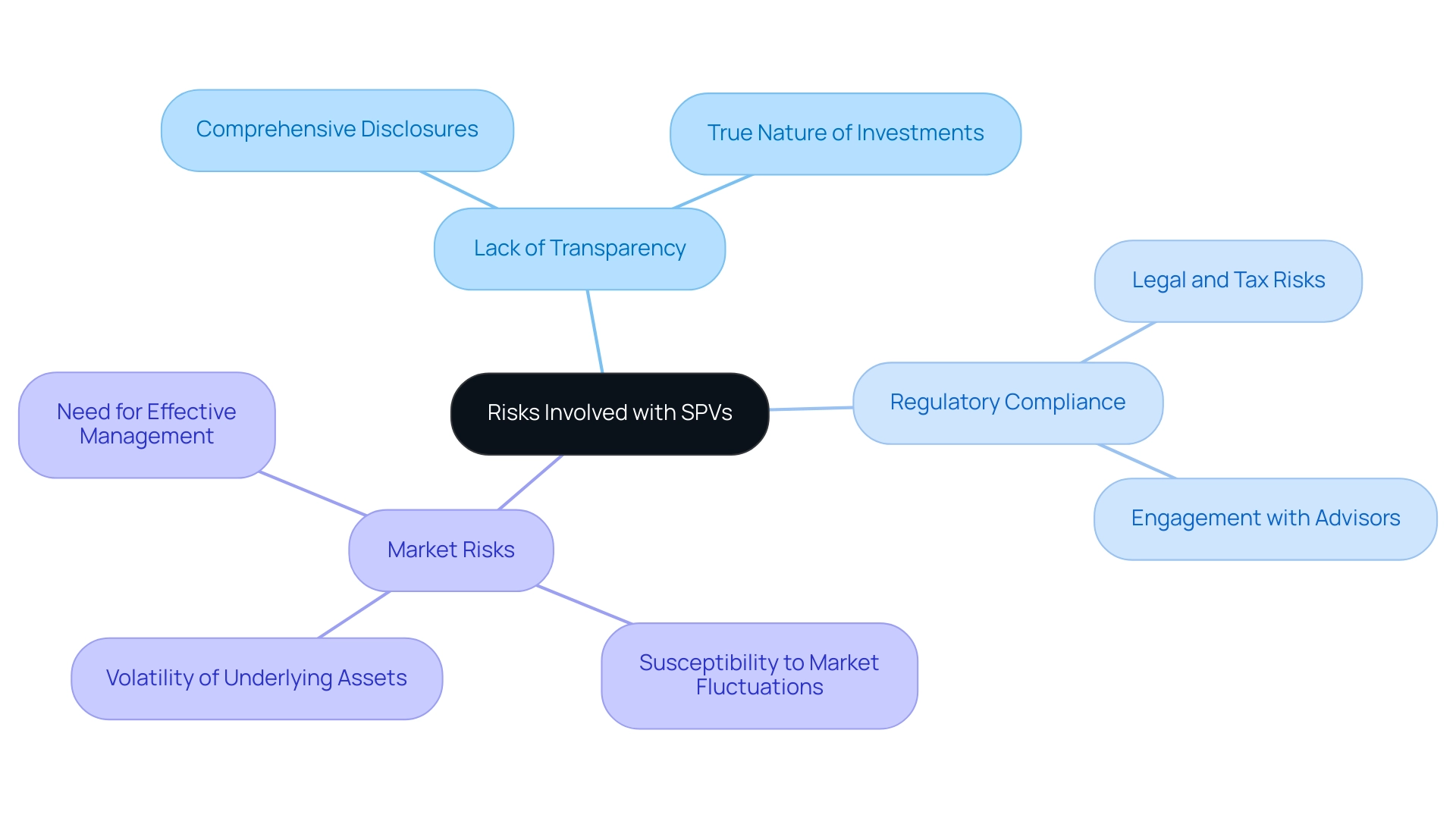 The central node represents the overall risks associated with SPVs, with branches indicating specific risks and their subcategories.