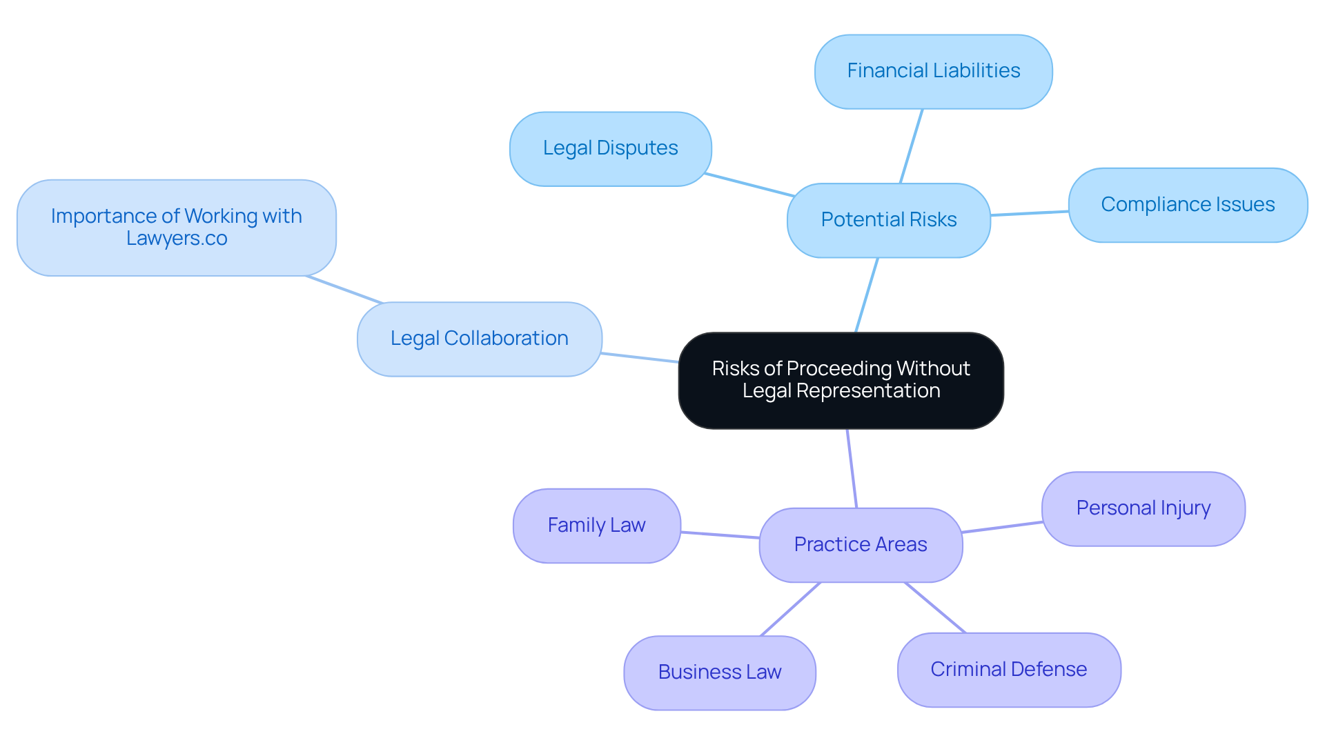 The central node represents the main topic, while the branches show the risks and areas of legal expertise. Each color-coded branch helps you easily identify different aspects of the discussion.
