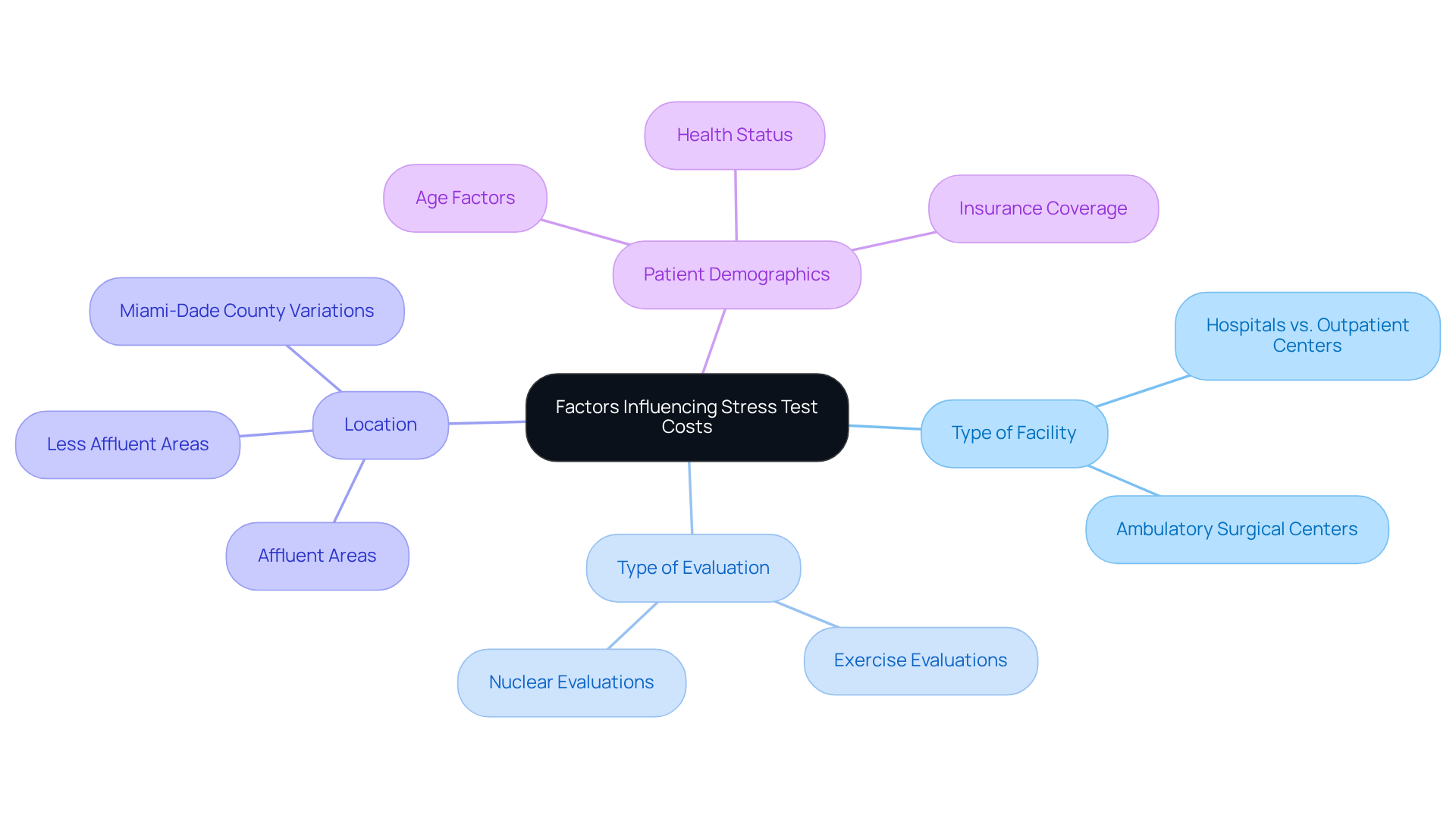 This mindmap shows the different factors that can affect how much a stress test costs without insurance. Each branch represents a key area, and the sub-branches provide more details about each factor. Follow the branches to see how these elements connect and influence overall costs.