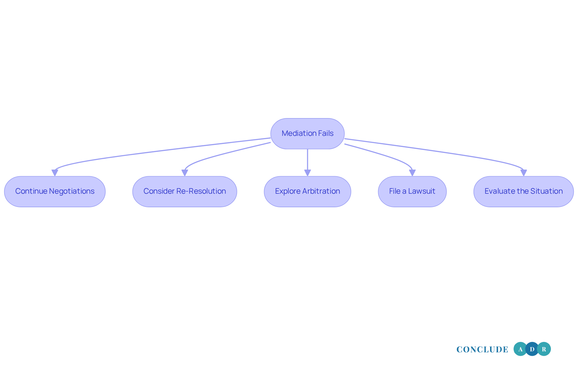 Each box represents a possible action to take if mediation doesn't work out. Follow the arrows to see the options available to you, starting from mediation failure.