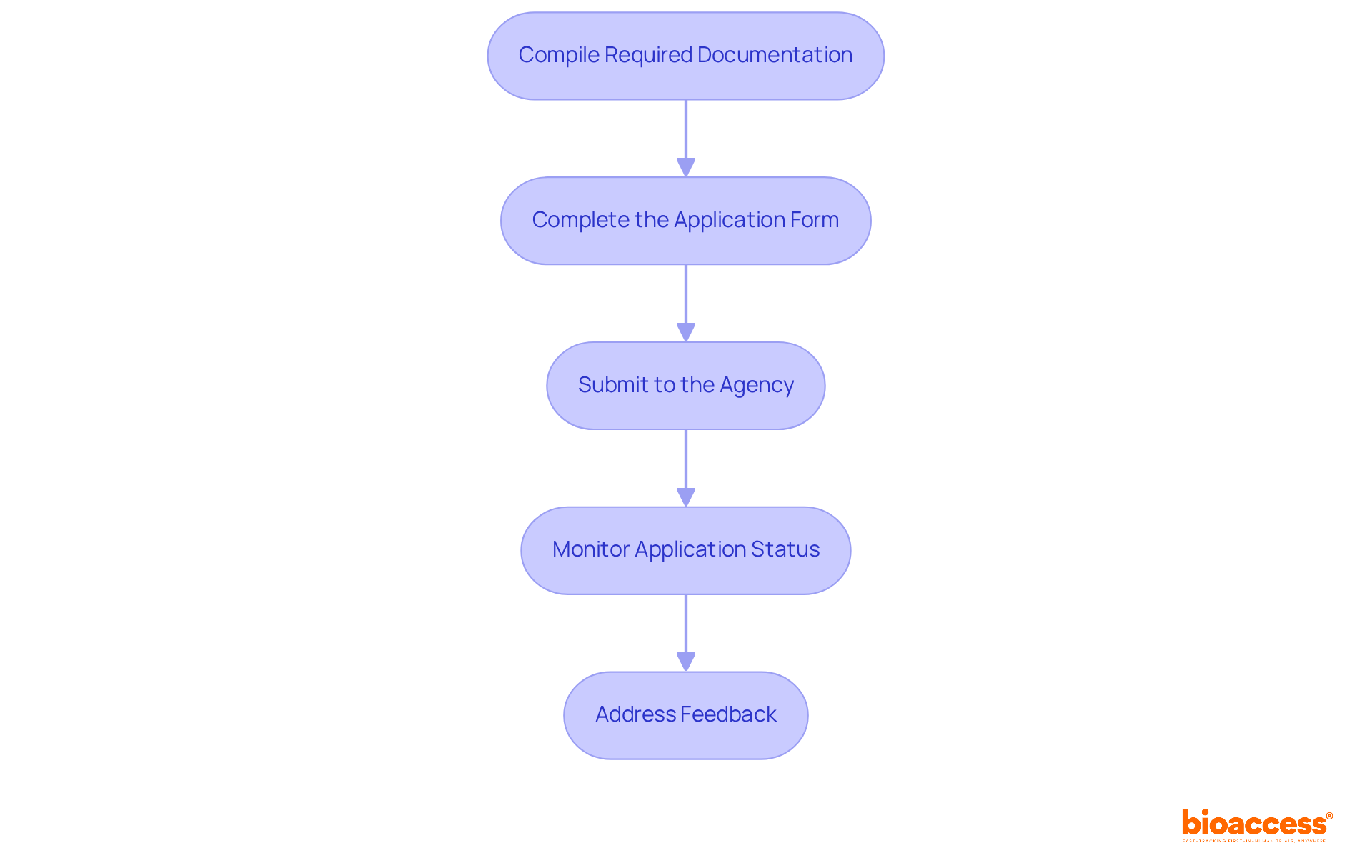 Each box represents a step in the application process. Follow the arrows to see how to navigate from compiling documents to addressing feedback after submission.