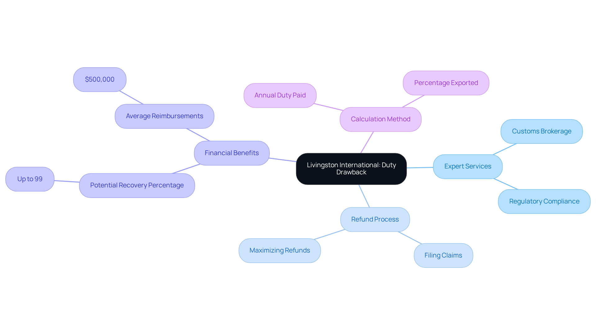 Start at the center with Livingston's duty drawback services, then explore branches that show how they help clients manage refunds, the process involved, and the financial advantages of these services.