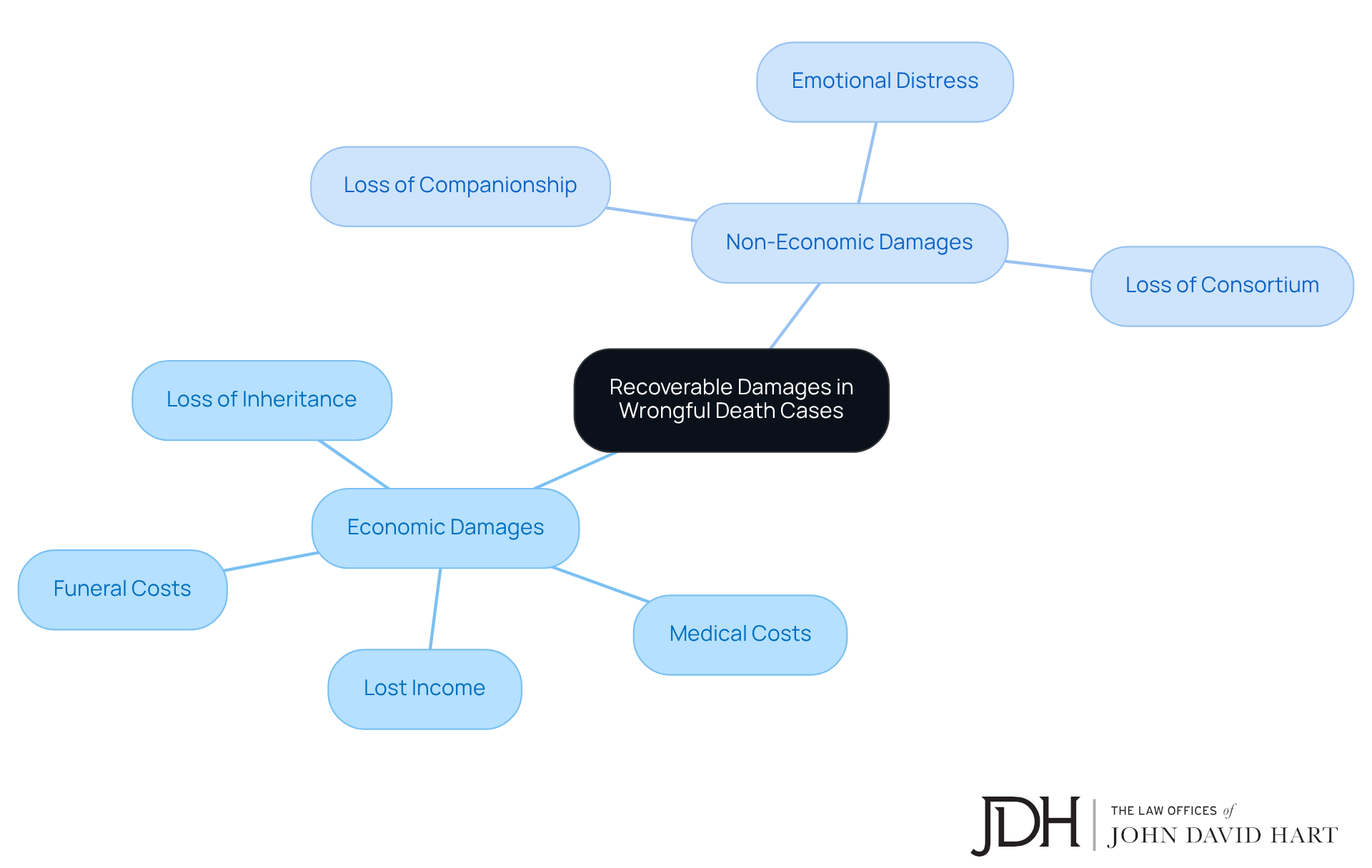 The center represents the overall topic of recoverable damages. The branches show the main types of damages available, and the sub-branches give examples of each type. This map helps you see what kinds of compensation families can pursue after a wrongful death.