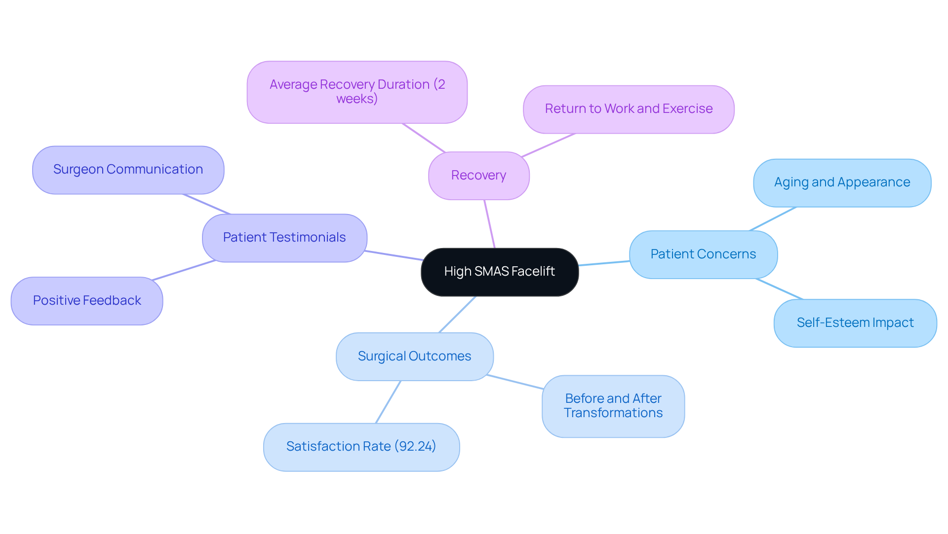The central node represents the facelift procedure, with branches showing different aspects like patient concerns and satisfaction. Each branch helps you understand how the procedure impacts patients' lives.