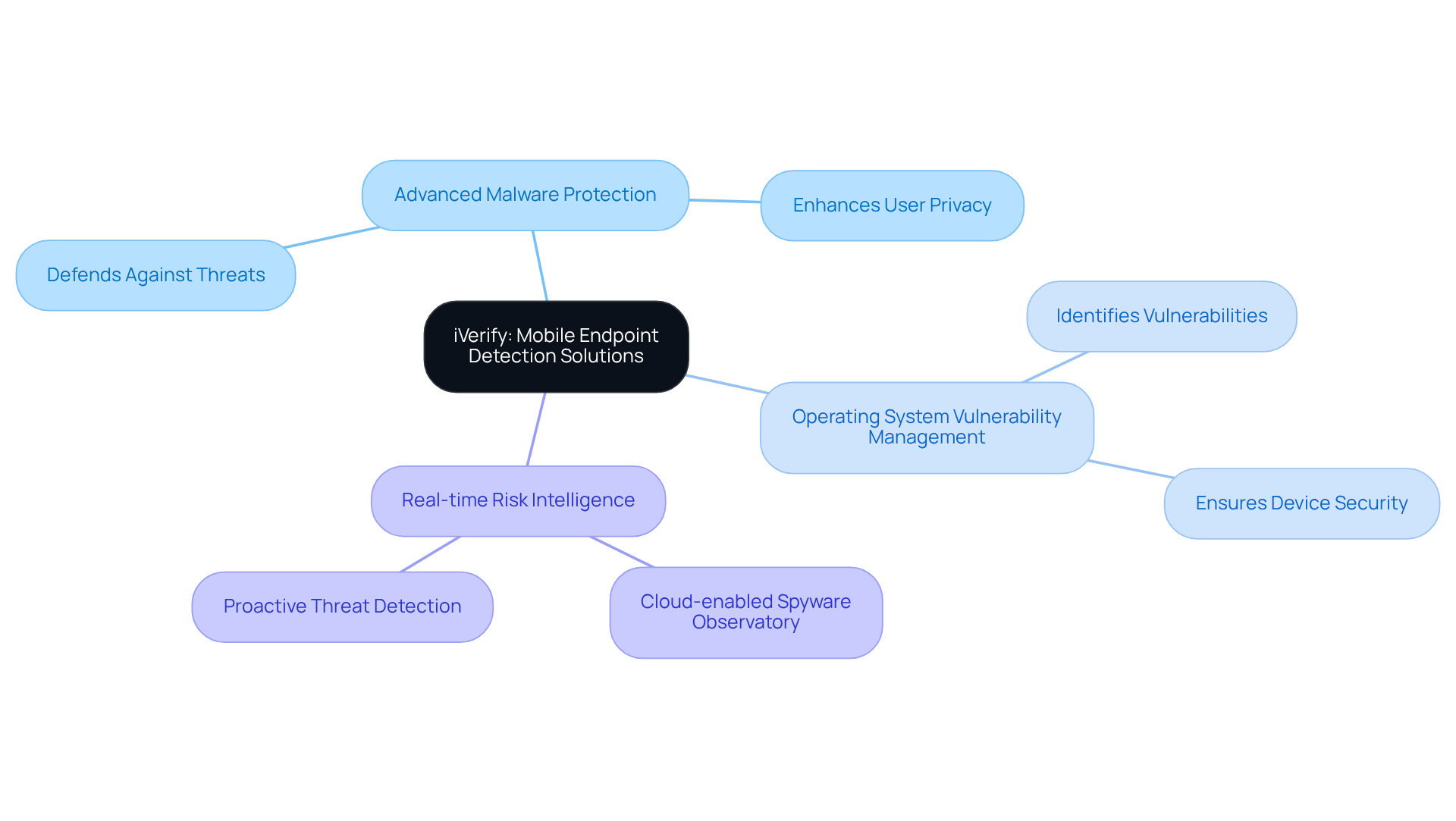 Start at the center with iVerify's main offerings, then follow the branches to explore each feature and its importance in protecting user privacy and enhancing security.