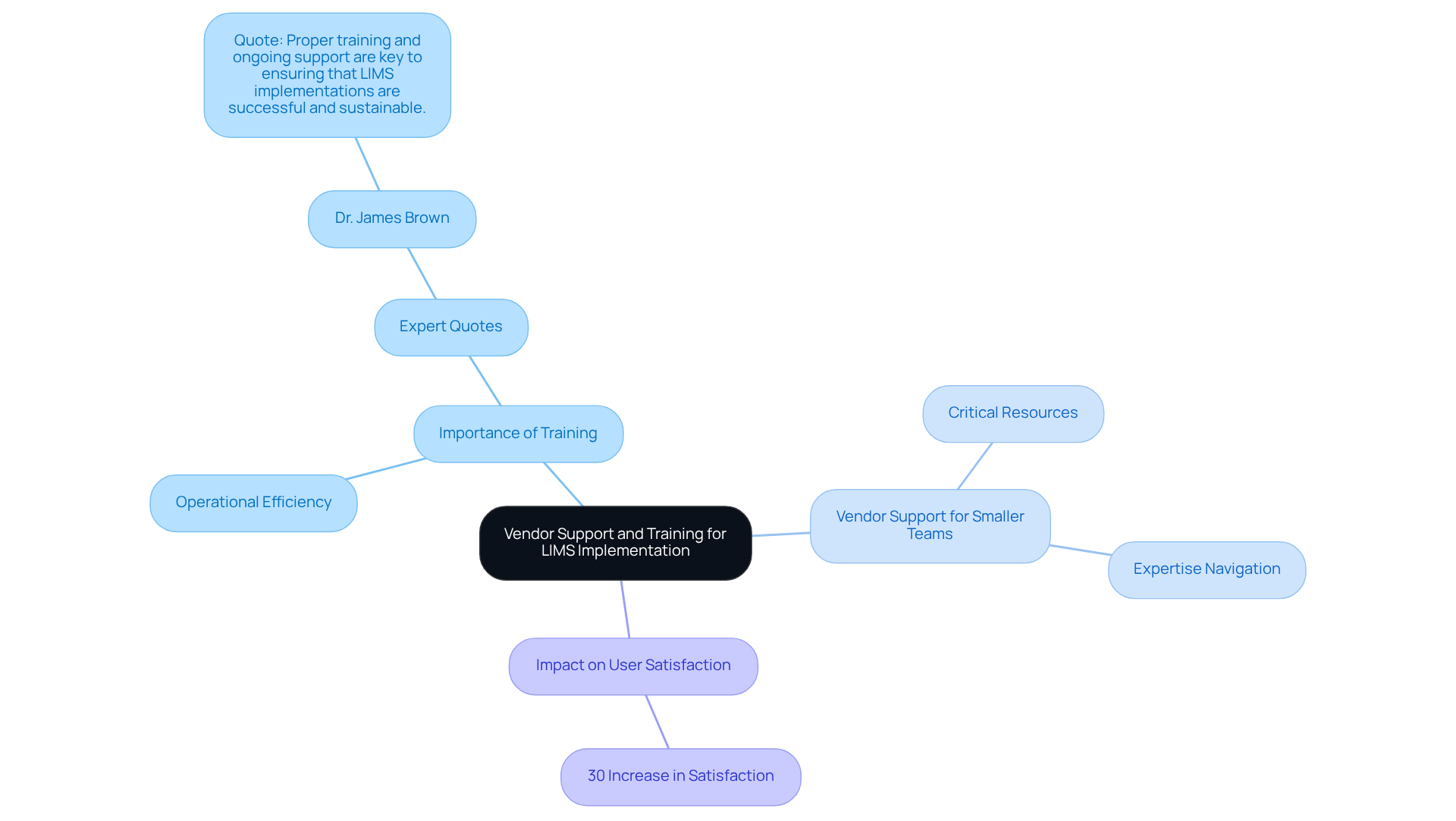 The central node represents the main theme, while branches show related concepts. Each color-coded branch helps you see how training and support connect to successful LIMS implementation and overall efficiency.