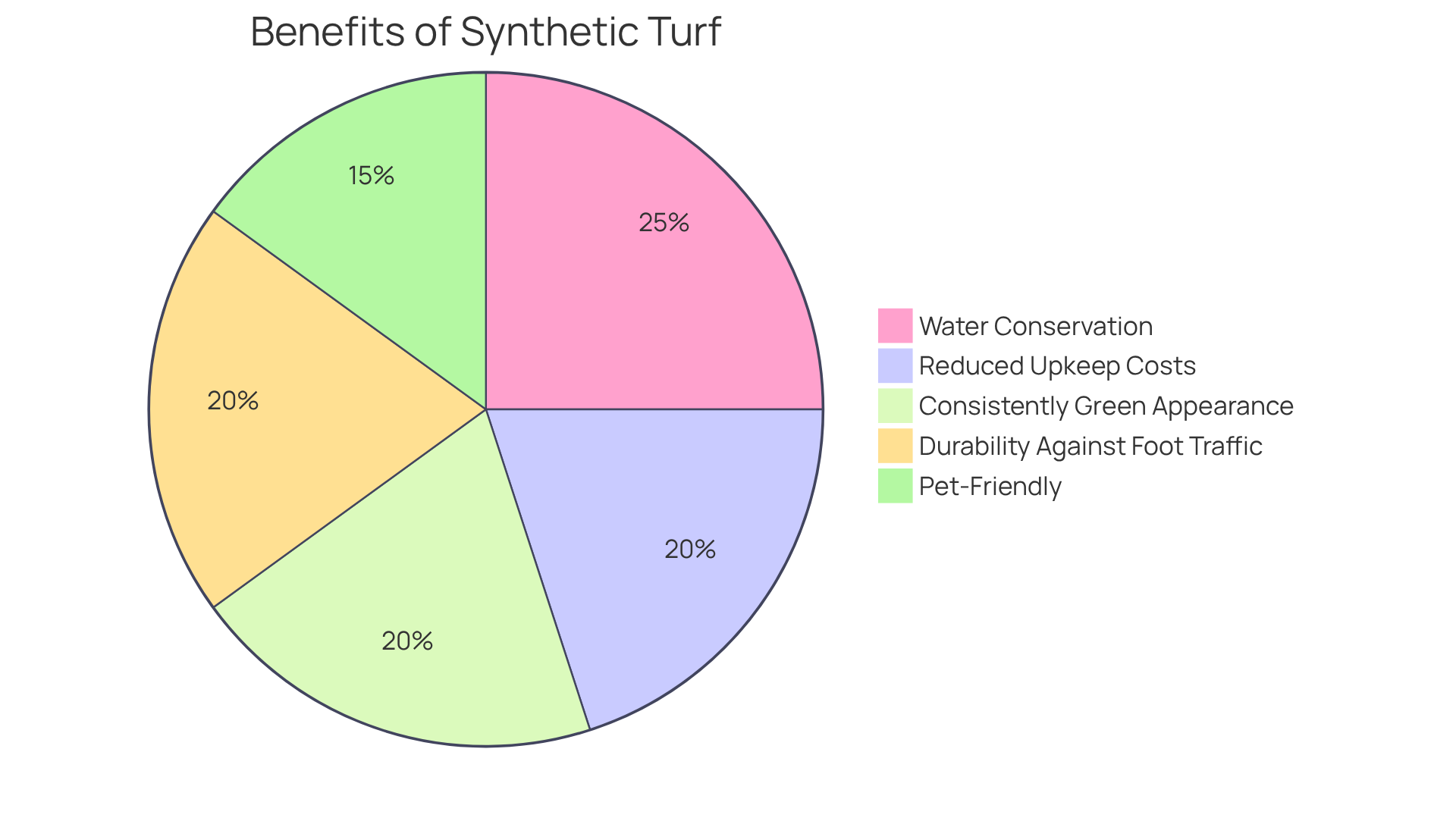 Each slice of the pie shows a different benefit of synthetic grass. The bigger the slice, the more significant that benefit is considered by users. This helps you see at a glance why synthetic turf is a popular choice!