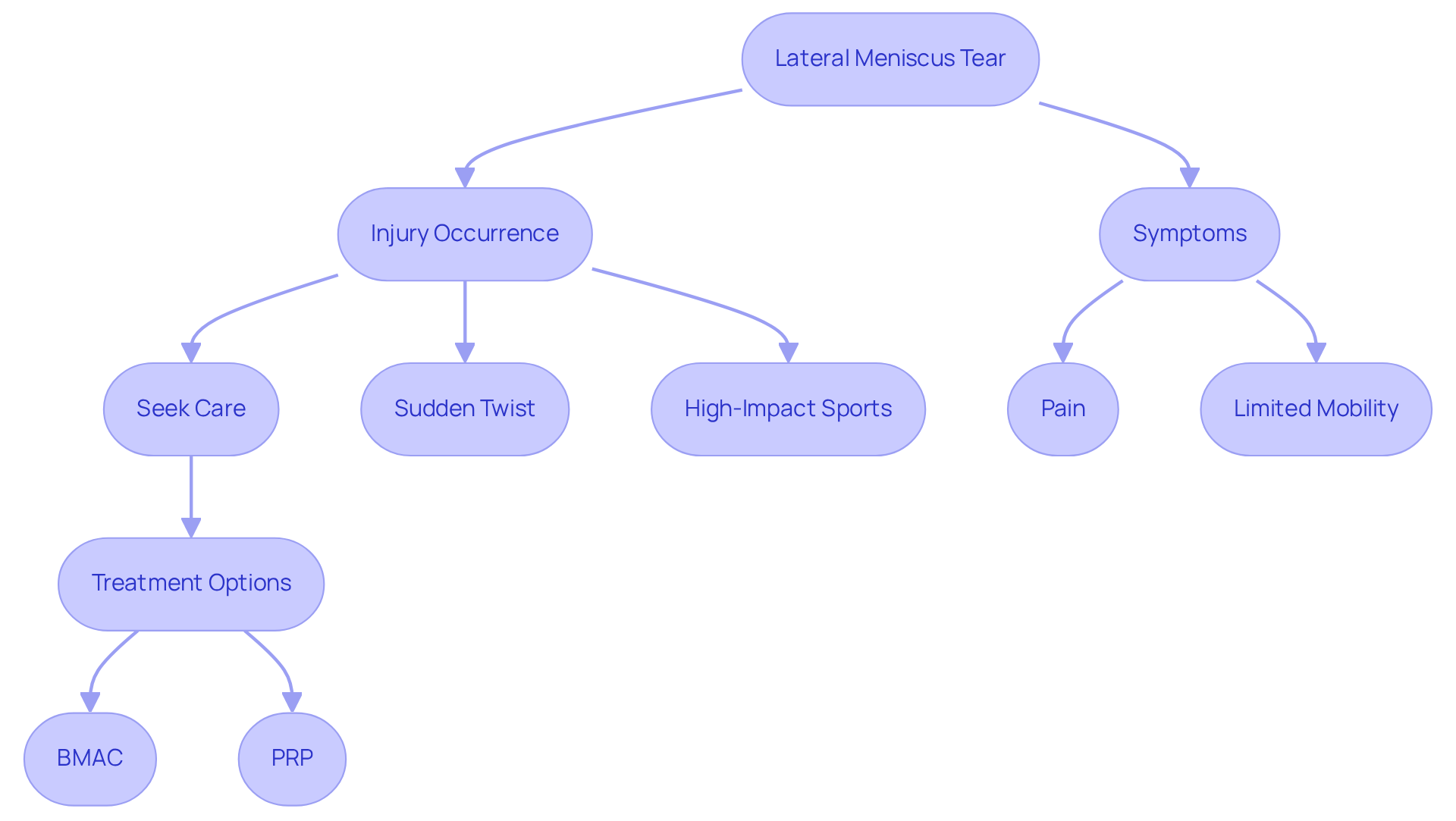 This flowchart guides you through the journey of a lateral meniscus tear, starting from the injury itself, moving through the symptoms, and leading to the necessary care and treatment options. Follow the arrows to see how each step connects!