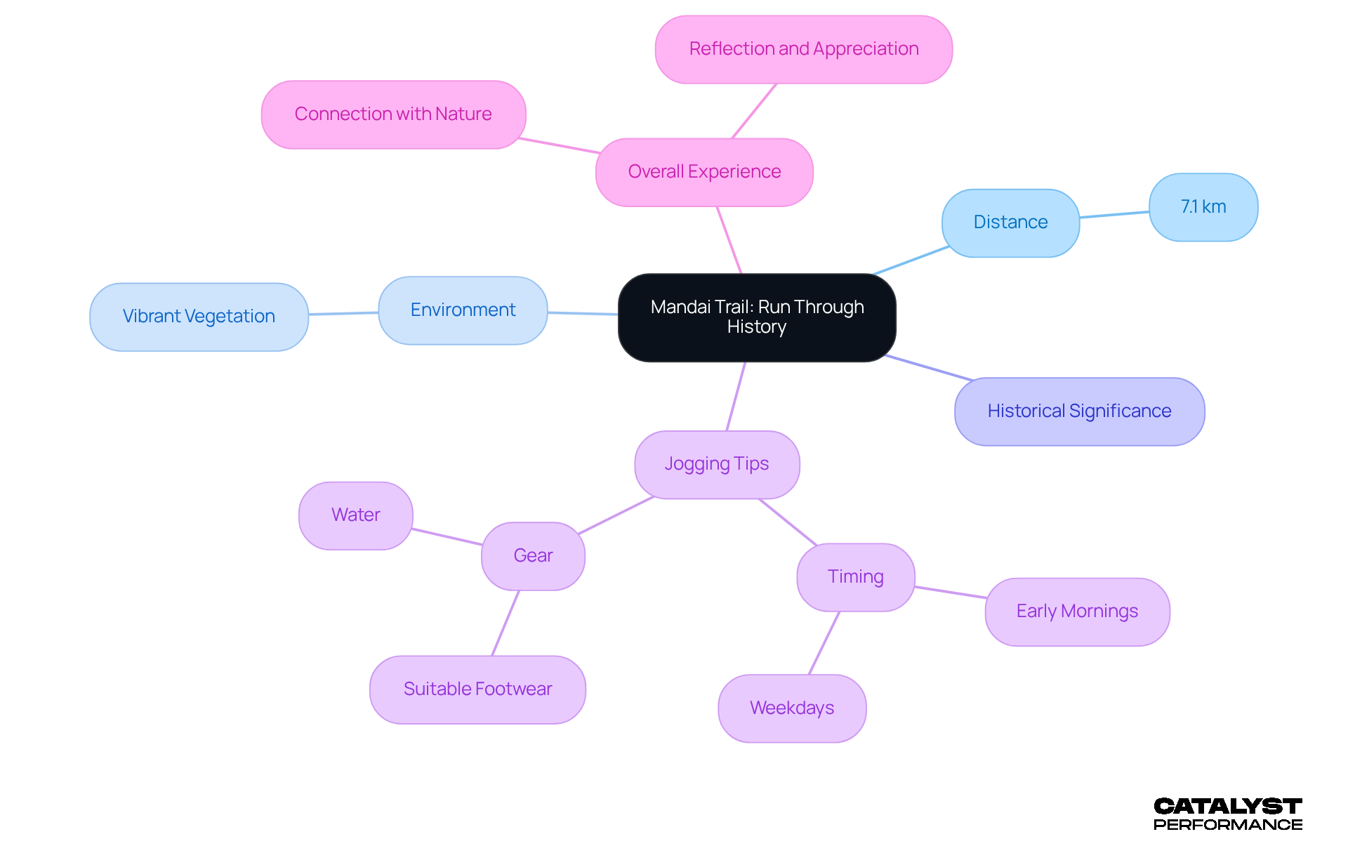 The central node represents the Mandai Trail, while the branches show different aspects of the trail experience, from its length and beauty to tips for a successful jog. Follow the branches to understand how each part contributes to the overall journey.