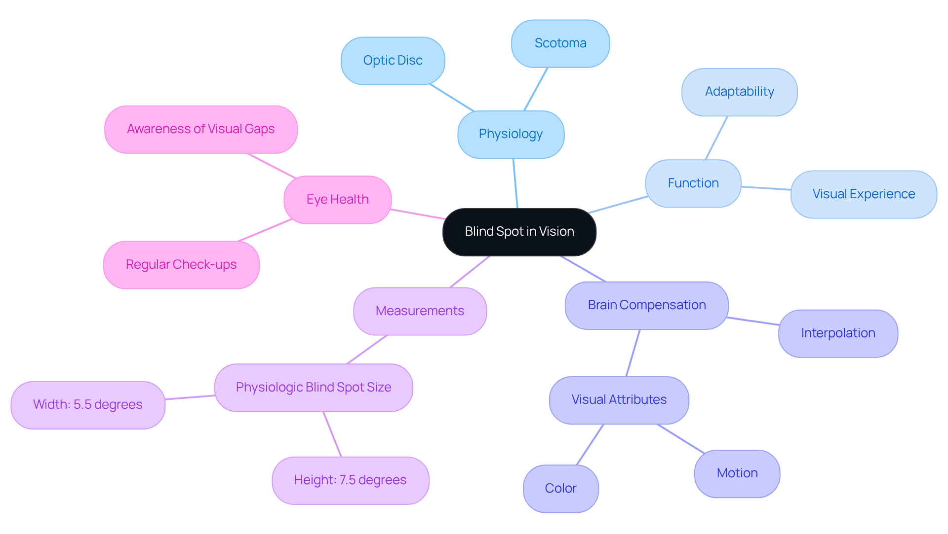 This mindmap illustrates the concept of the blind spot in vision. Start at the center with the main idea, then explore the branches to learn about its physiology, how the brain compensates, its measurements, and why eye health is important. Each color-coded branch helps you see how these ideas connect.