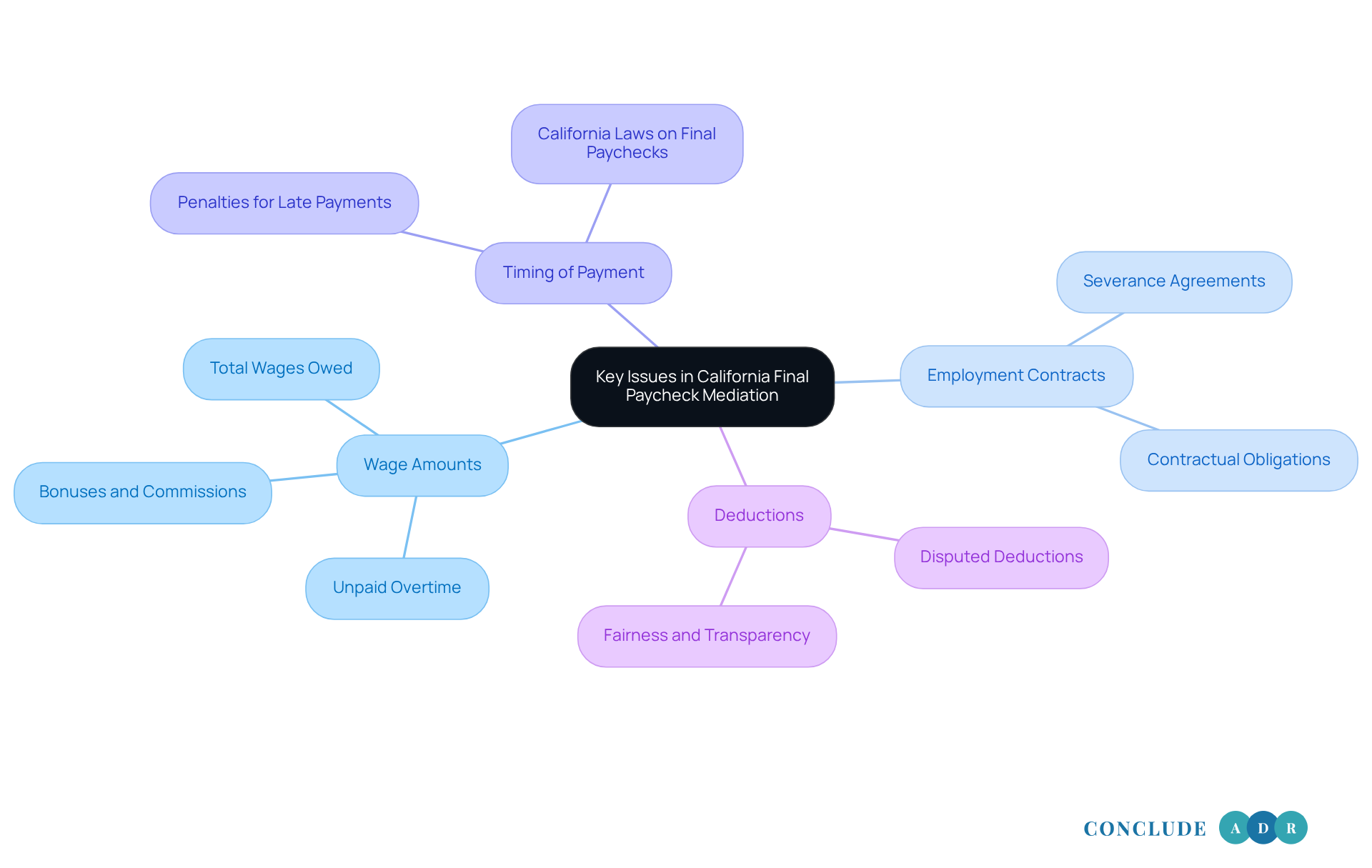 The center represents the main topic, while the branches show different issues you should consider. Each branch highlights important aspects that can affect your final paycheck, helping you navigate the mediation process.