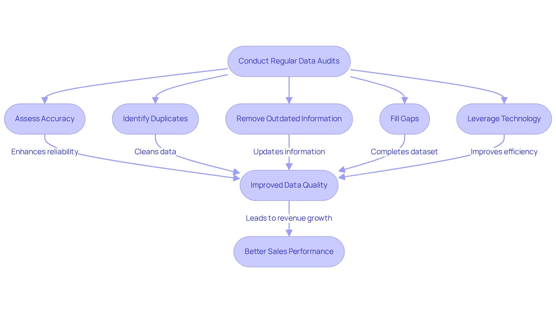 Follow the arrows to see how each step in the audit process leads to improved data quality and better sales performance. Each box represents a crucial action that contributes to maintaining reliable information.