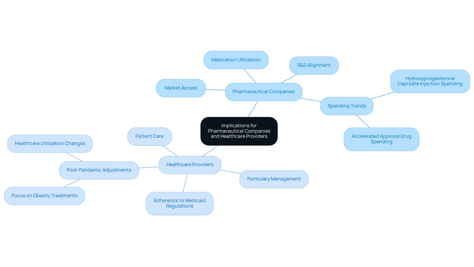 The central node represents the overall topic, with branches indicating implications for pharmaceutical companies and healthcare providers, along with respective subcategories.