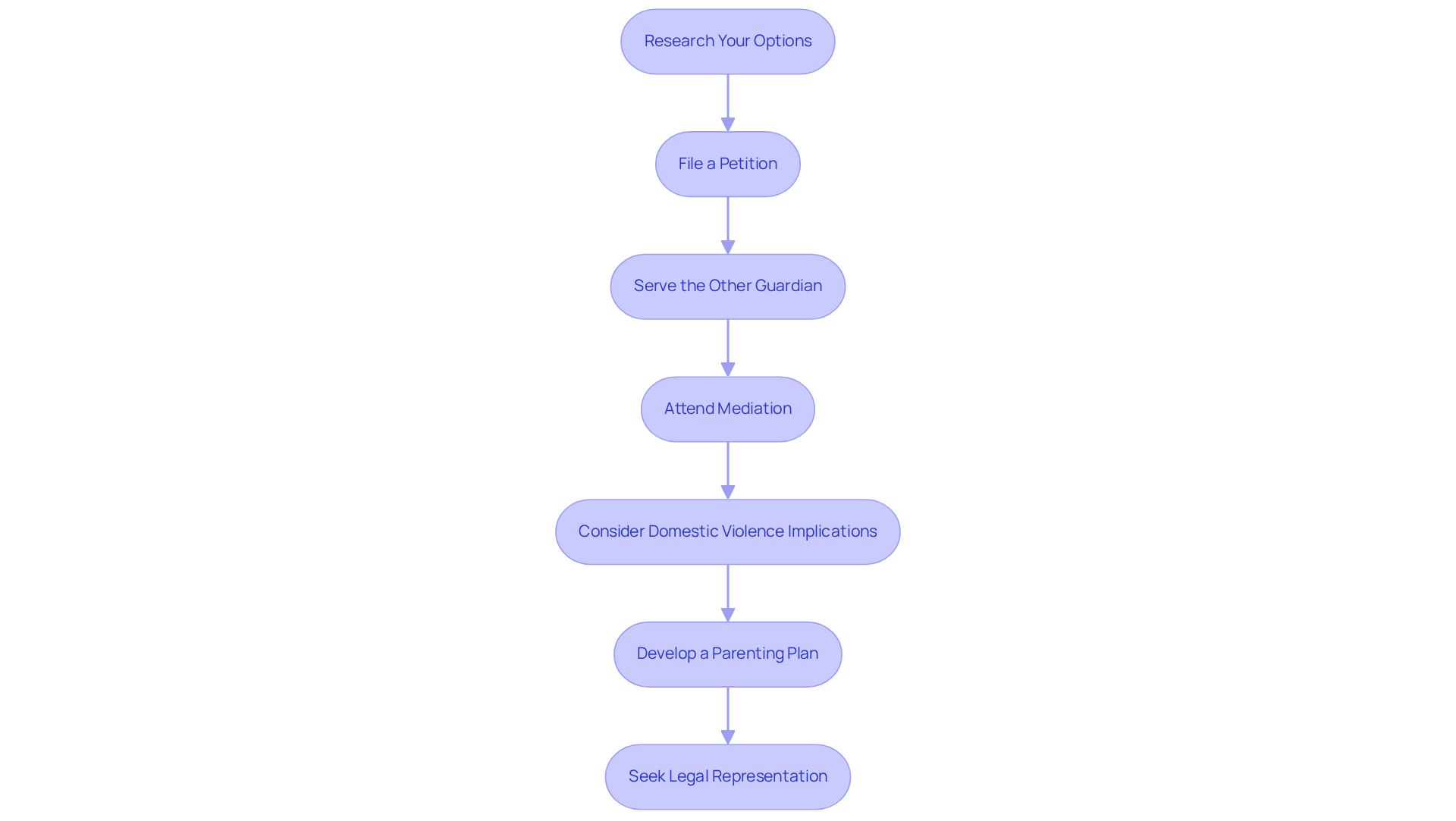 Each box represents a step you need to take to start the custody process. Follow the arrows to see the order in which you should complete these steps. Each box represents a step you need to take to start the custody process. Follow the arrows to see the order in which you should complete these steps.